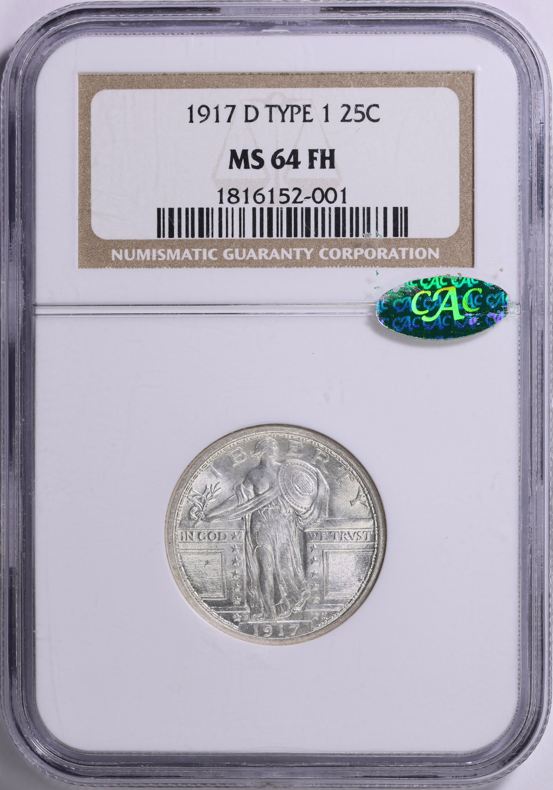 1917-D Standing Liberty Quarter Type 1 NGC MS-64 FH (CAC Green) (Item 1808387 ...