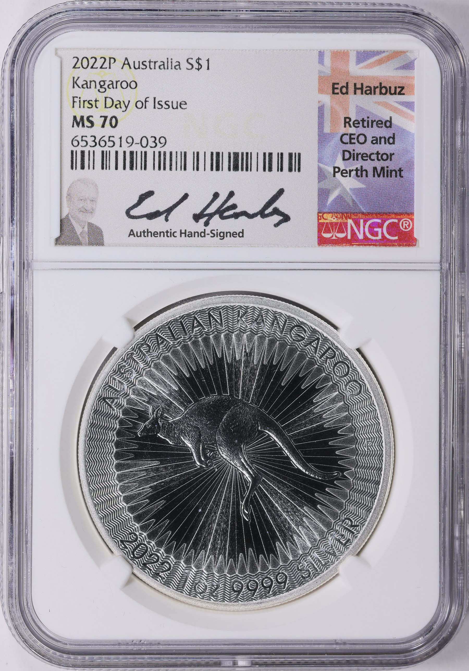 Australia 2022-P Silver Dollar Kangaroo KM-3695 First Day of Issue NGC MS-70 (Ed Harbuz Signed ...