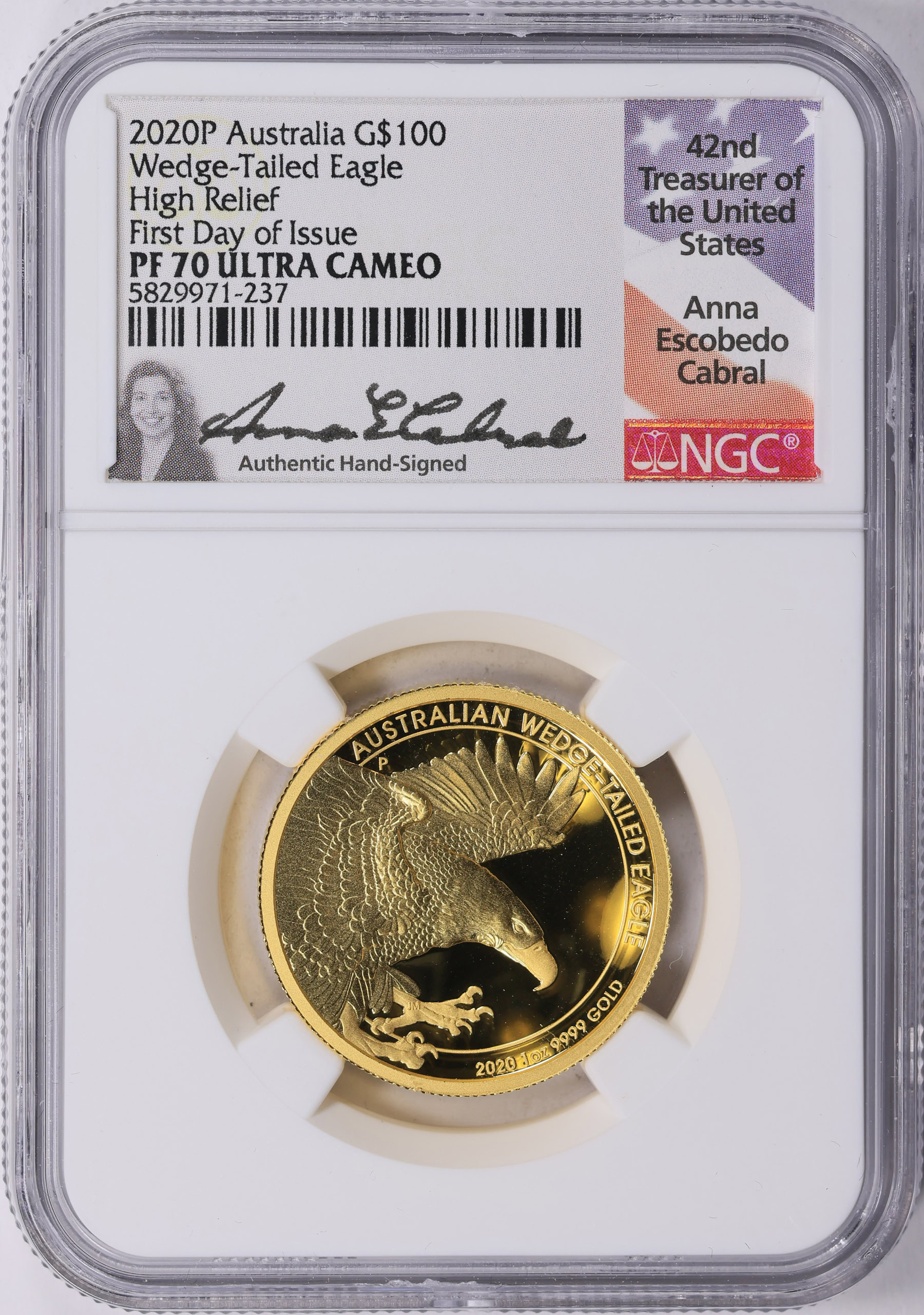 Australia 2020-P Gold $100 Wedge-Tailed Eagle High Relief First Day of ...