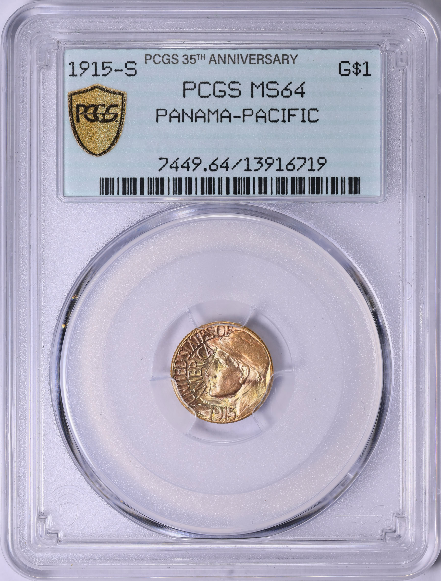 1915-S Panama-Pacific Exposition Gold Dollar PCGS MS-64 (OGH 35th Anniversary Label) (Toned ...