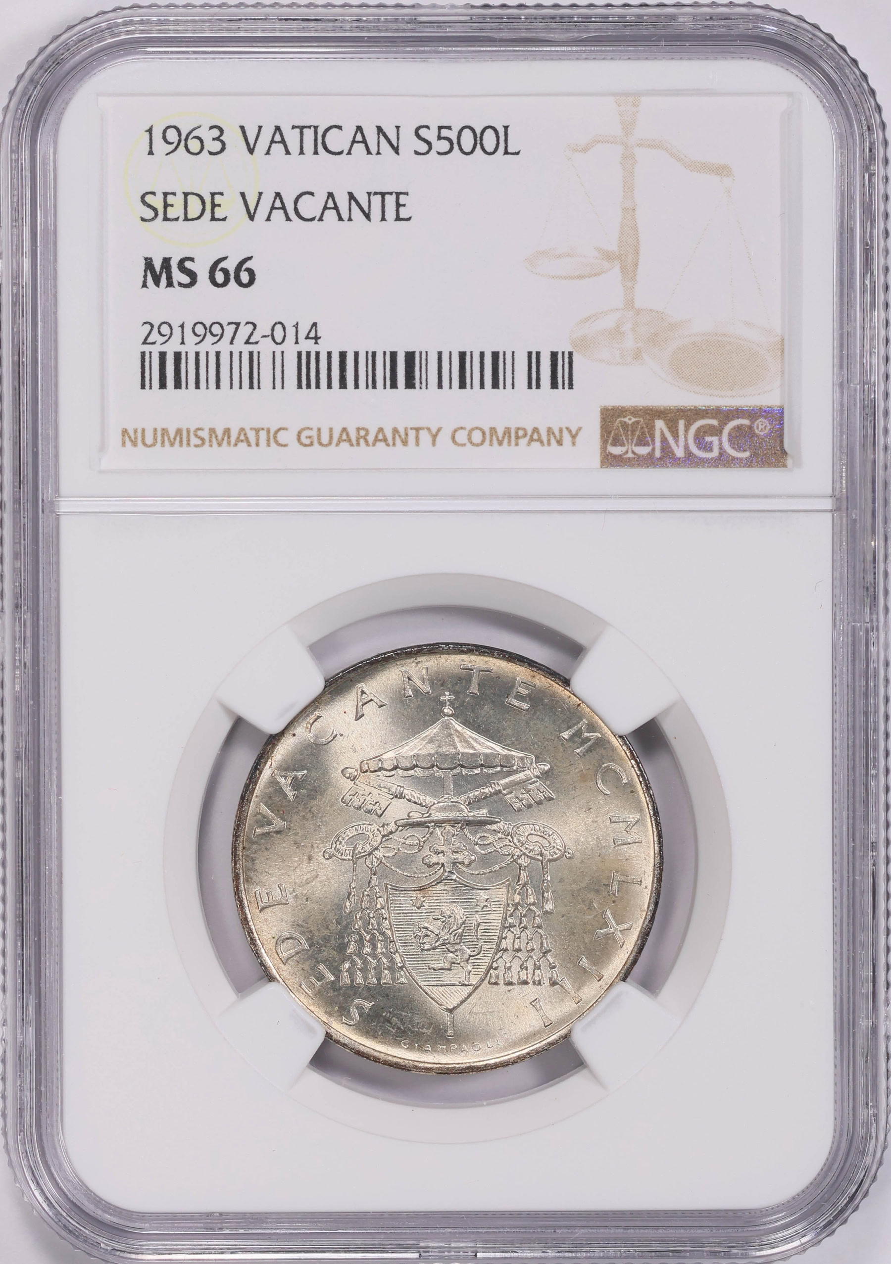 Vatican City 1963 Silver 500 Lire Sede Vacante KM-75 NGC MS-66 (Item 1809123) | GreatCollections ...