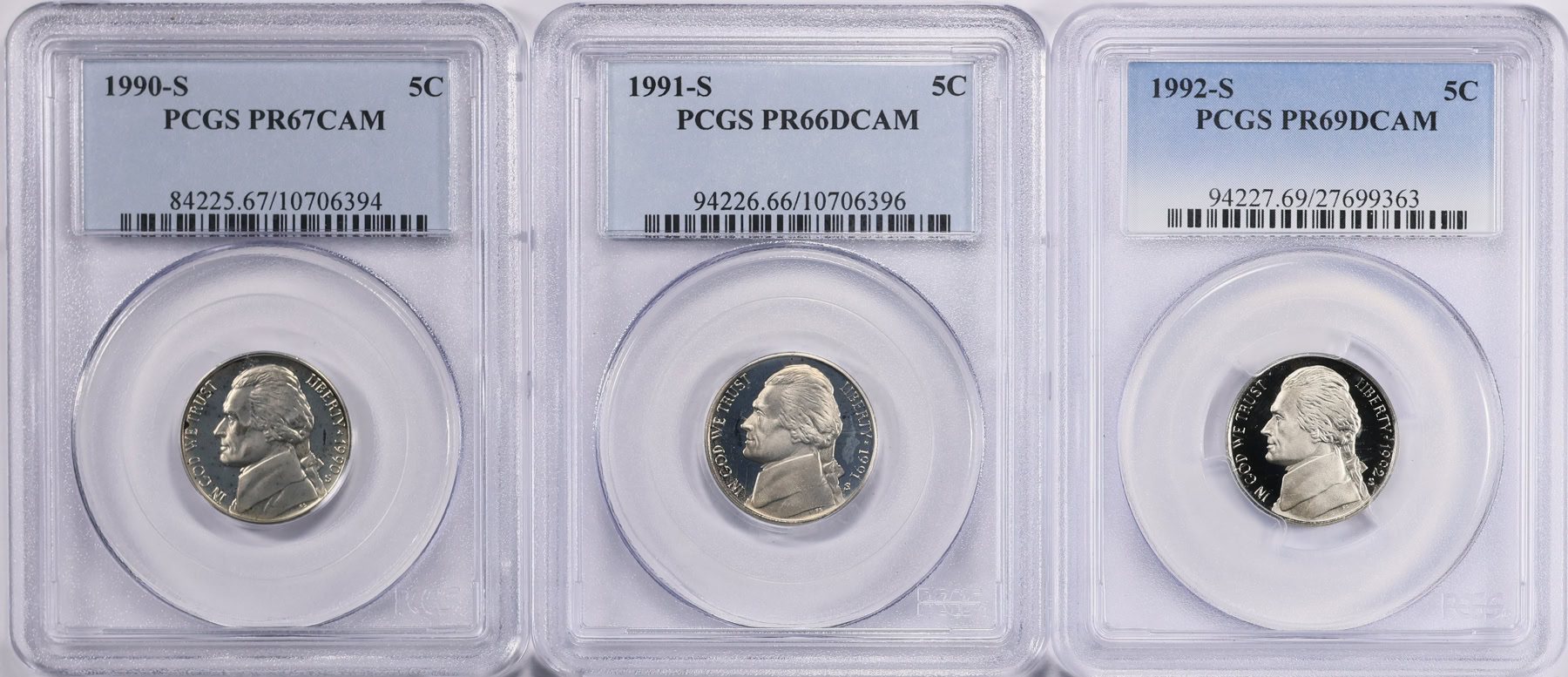1990-S, 1991-S and 1992-S Jefferson Nickel PCGS Proof-67 CAMEO/Proof-66 ...
