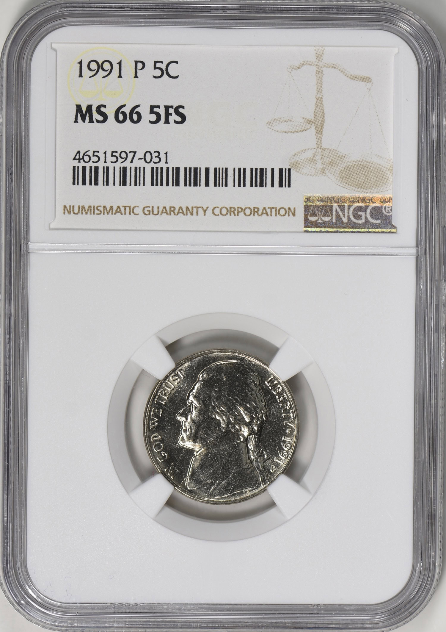 1991-P Jefferson Nickel NGC MS-66 5FS (Item 1809888) | GreatCollections ...