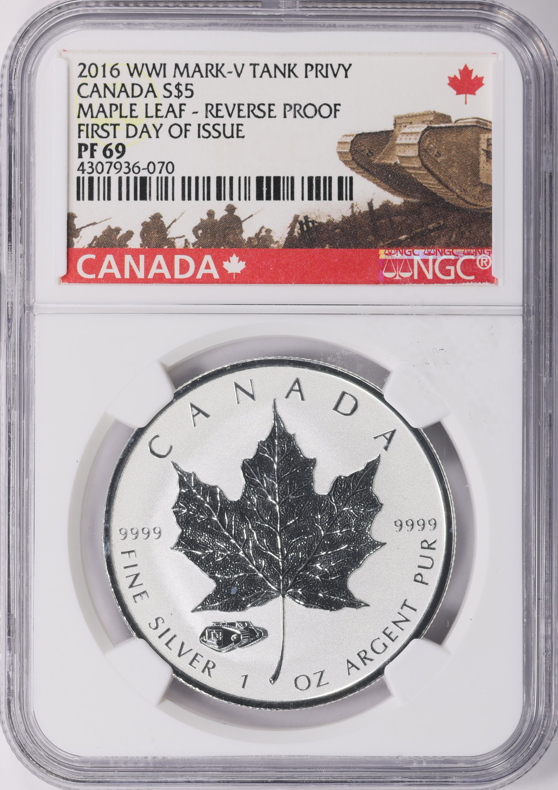 Canada 2016 Silver $5 Maple Leaf Reverse Proof WWI Mark V Tank Privy ...