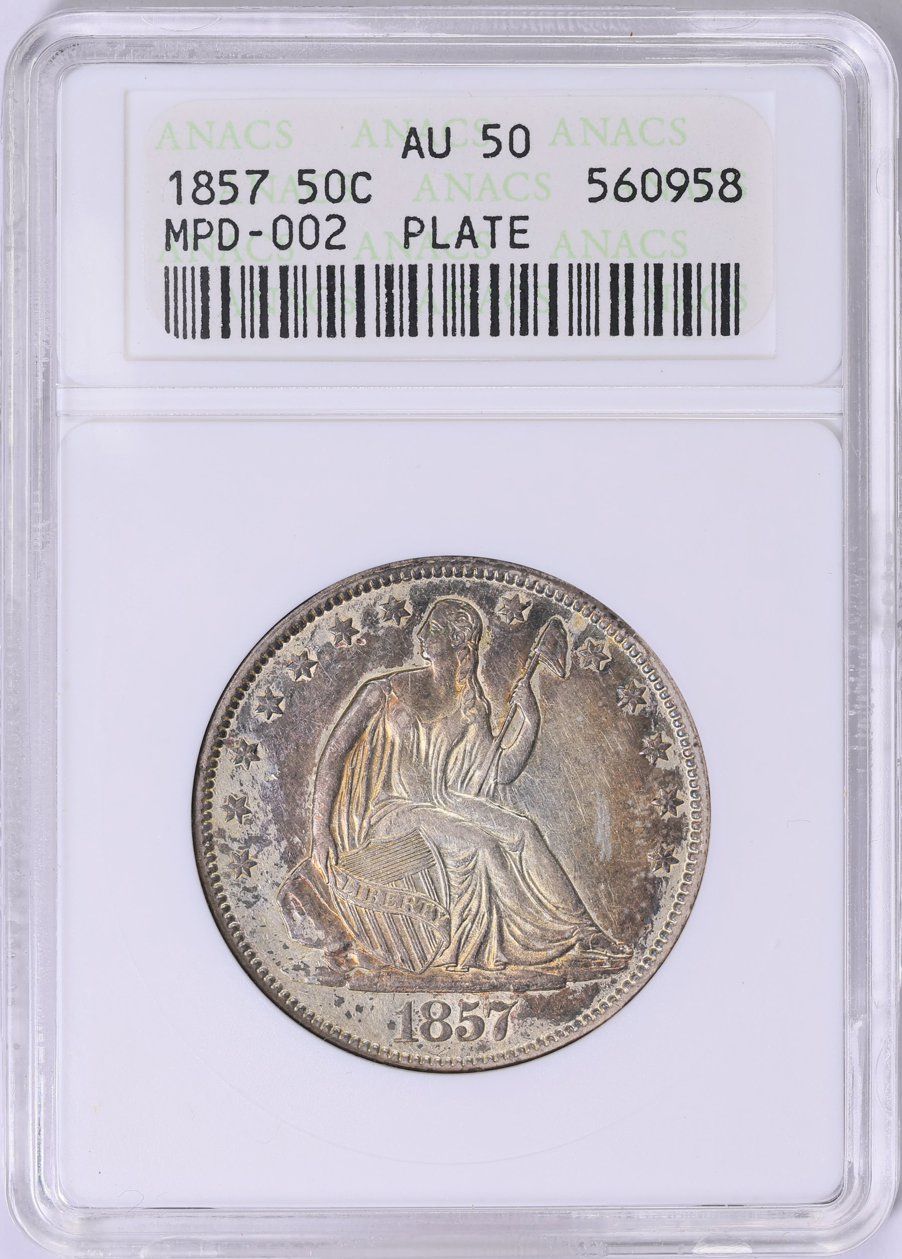 1857 Seated Liberty Half Dollar MPD-002 Plate ANACS AU-50 OH (Toned) (Item 1810155 ...