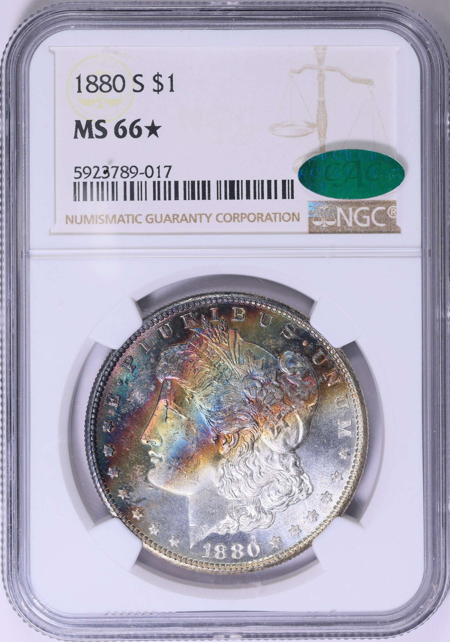 1880-S Morgan Silver Dollar NGC MS-66 ★ (CAC Green) (Toned) (Item 1810165) | GreatCollections ...