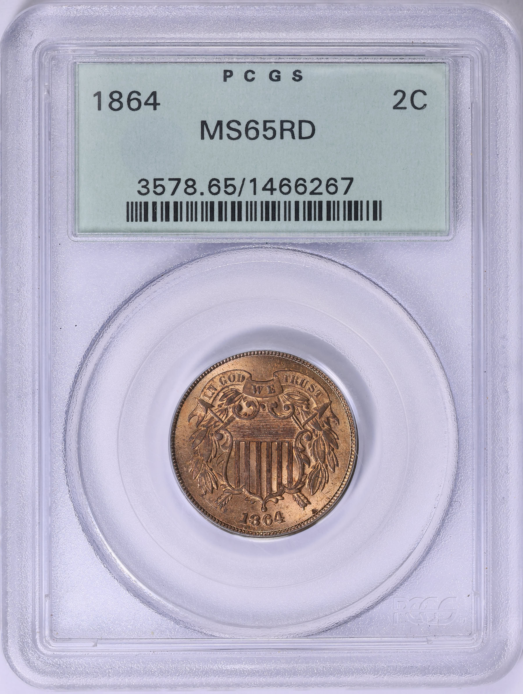 1864 Two-Cent Piece PCGS MS-65 RD OGH (Item 1810171) | GreatCollections Coin Auctions