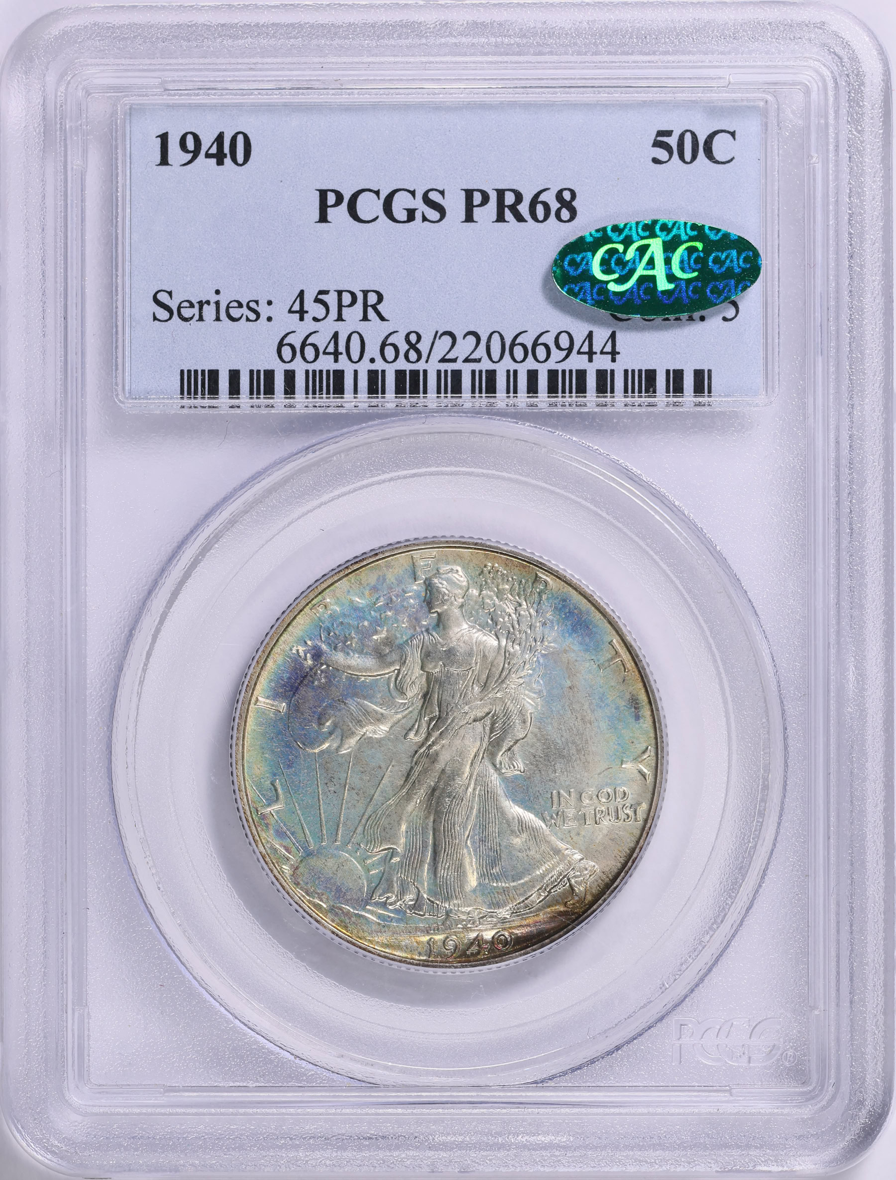 1940 Walking Liberty Half Dollar PCGS Proof-68 (CAC Green) (Toned ...