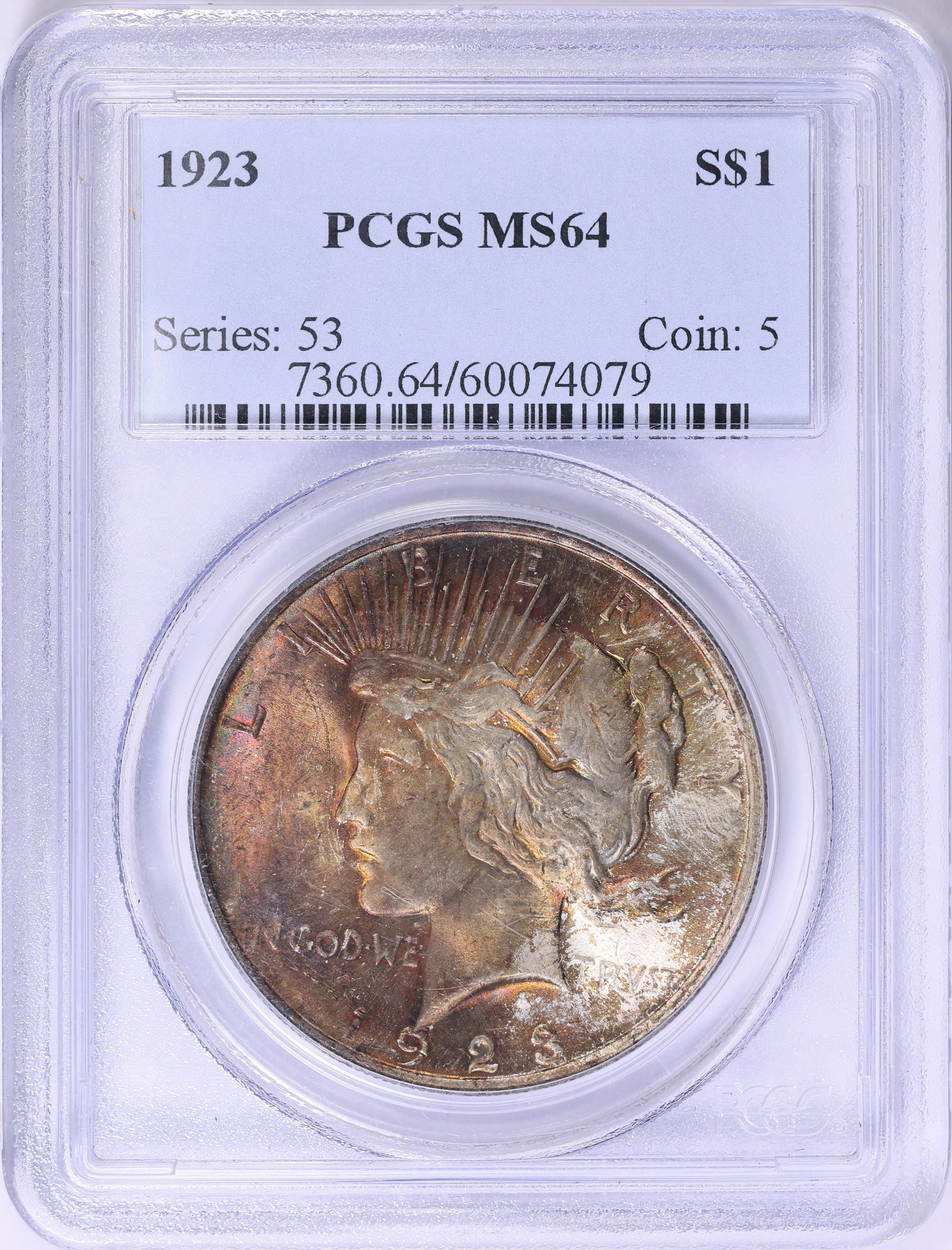 1923 Peace Silver Dollar PCGS MS-64 (Toned) (Item 1810396) | GreatCollections Coin Auctions