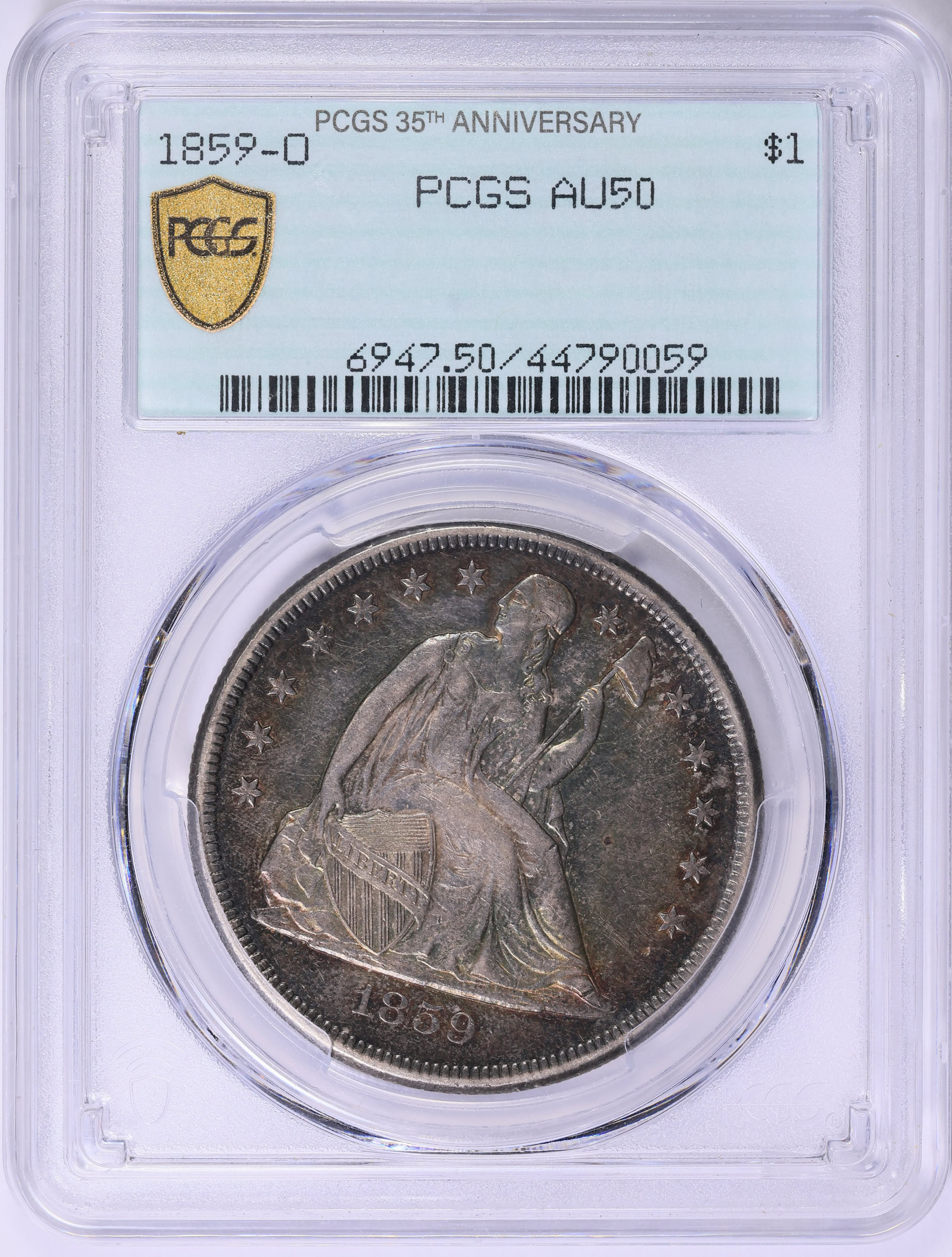 1859-O Seated Liberty Silver Dollar PCGS AU-50 (OGH 35th Anniversary Label) (Toned) (Item ...