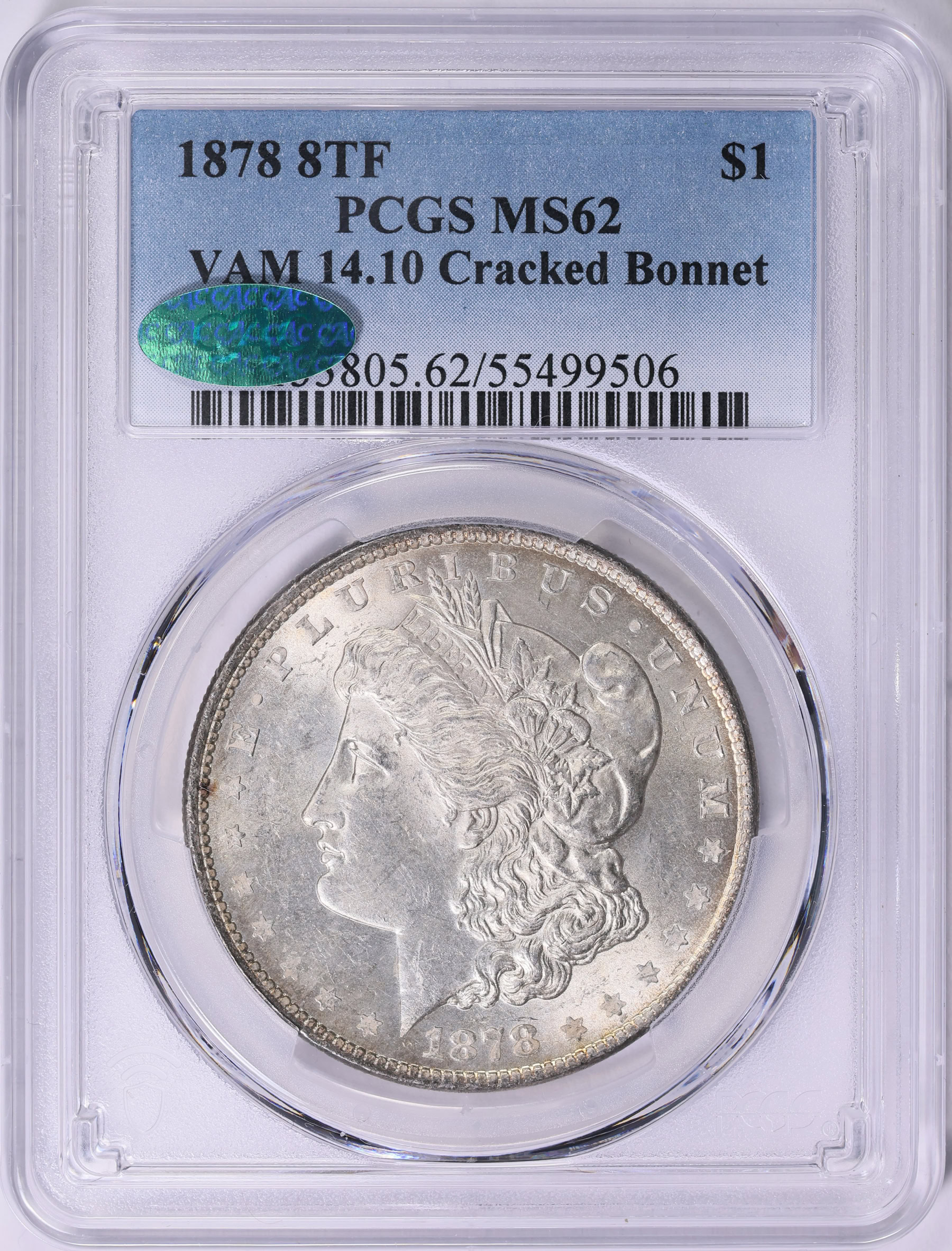 1878 8TF Morgan Silver Dollar Cracked Bonnet VAM-14.10 PCGS MS-62 (CAC Green) (Item 1810460 ...