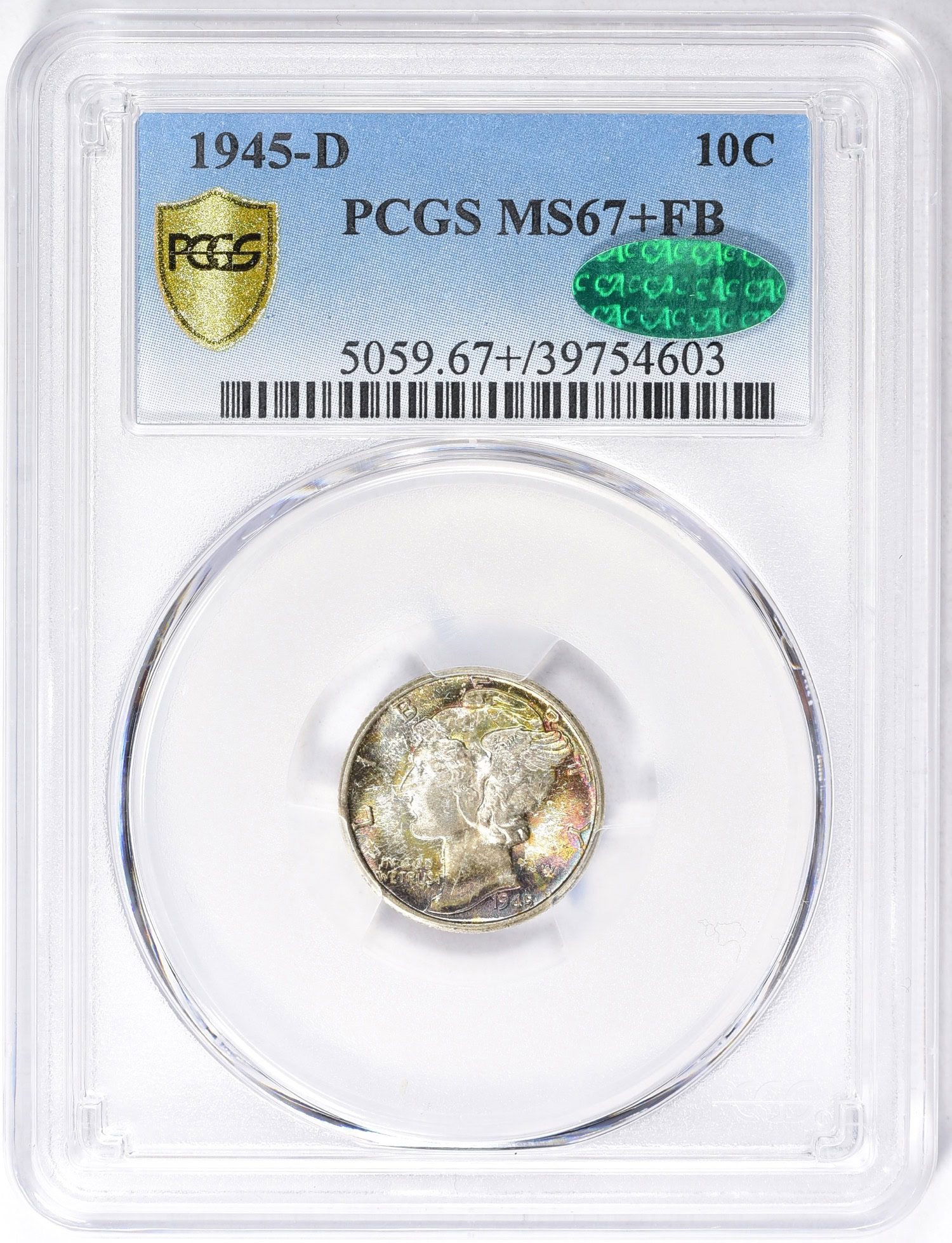 1945-D Mercury Dime PCGS MS-67+ FB (CAC Green) (Toned) (Item 1810518) | GreatCollections Coin ...