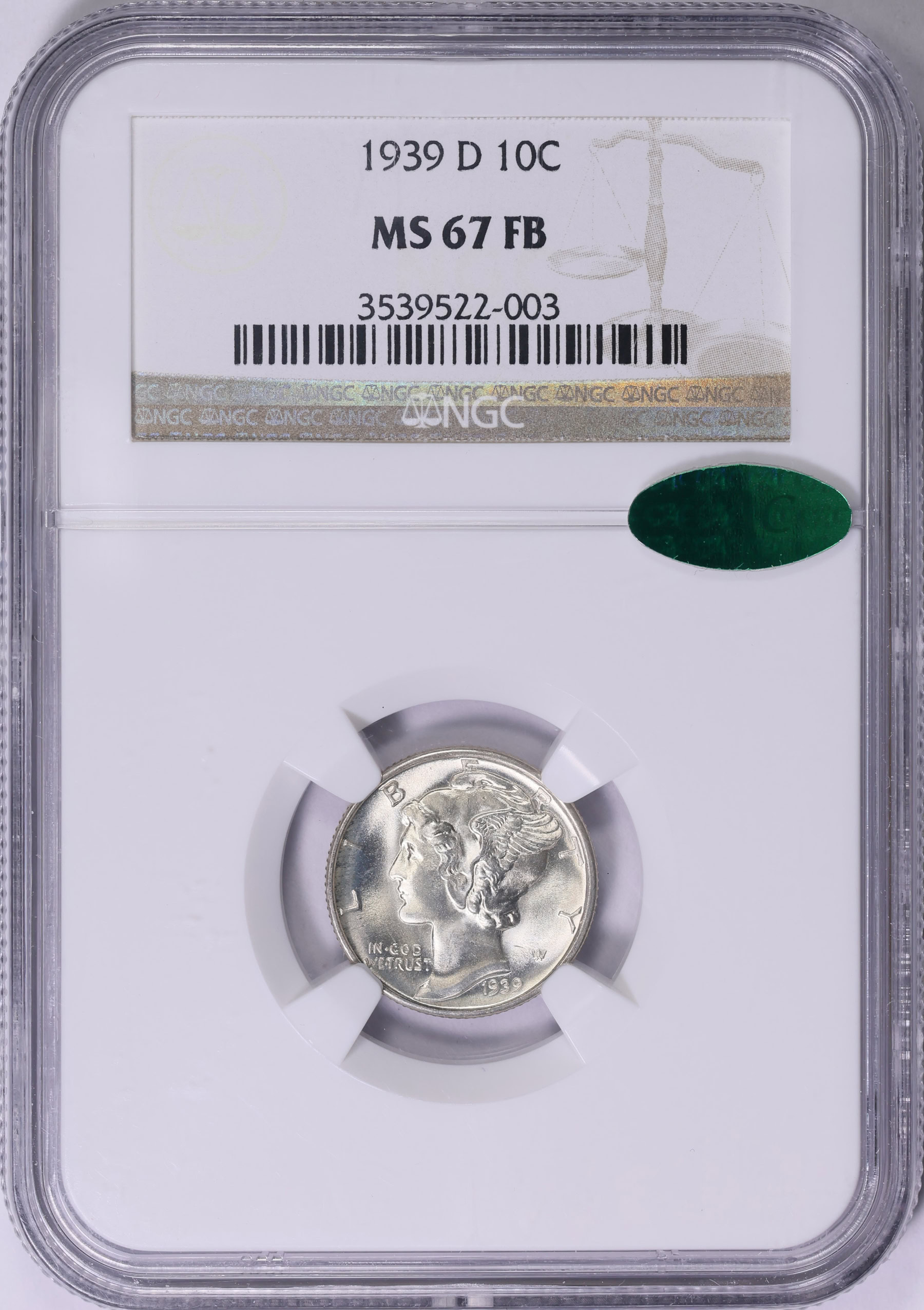 1939-D Mercury Dime NGC MS-67 FB (CAC Green) (Item 1810528) | GreatCollections Coin Auctions