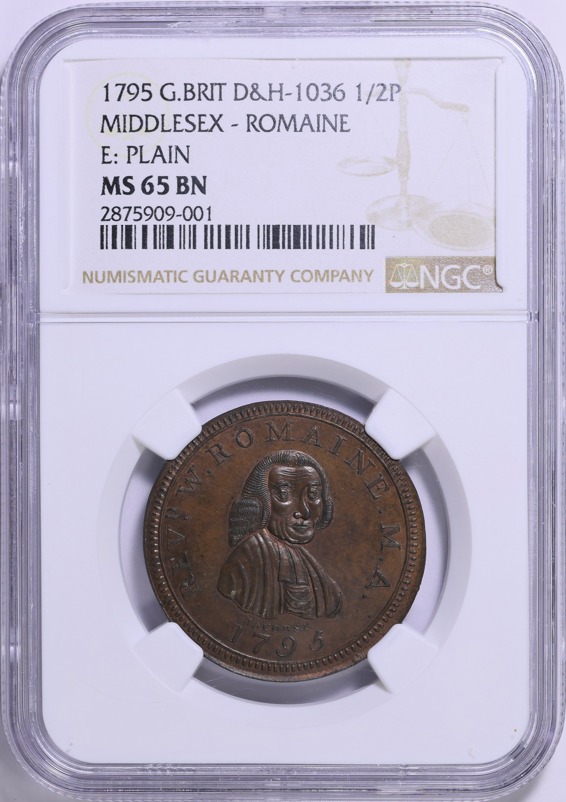 Great Britain - Middlesex, Romaine 1795 1/2 Penny Token NGC MS-65 BN (Item 1810530 ...