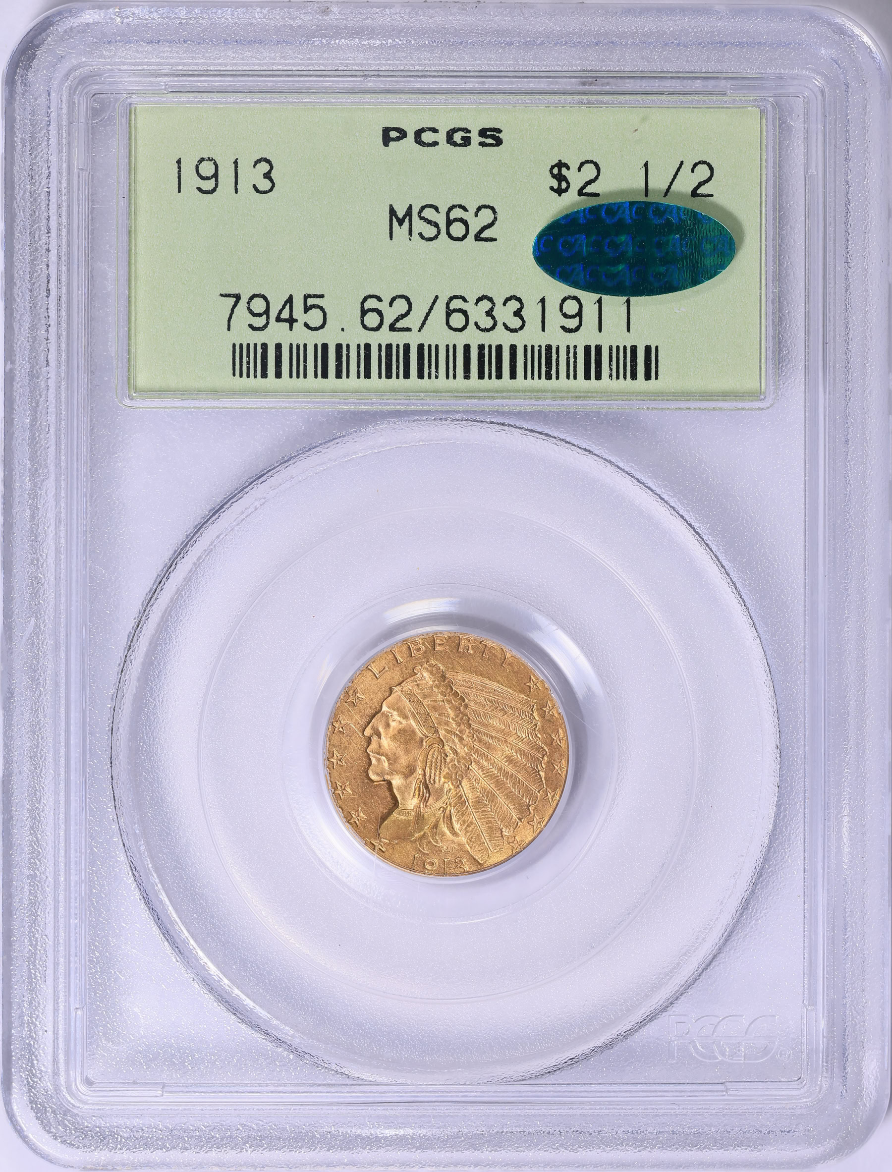 1913 Indian Gold Quarter Eagle PCGS MS-62 (CAC Green) OGH (Item 1810546) | GreatCollections Coin ...