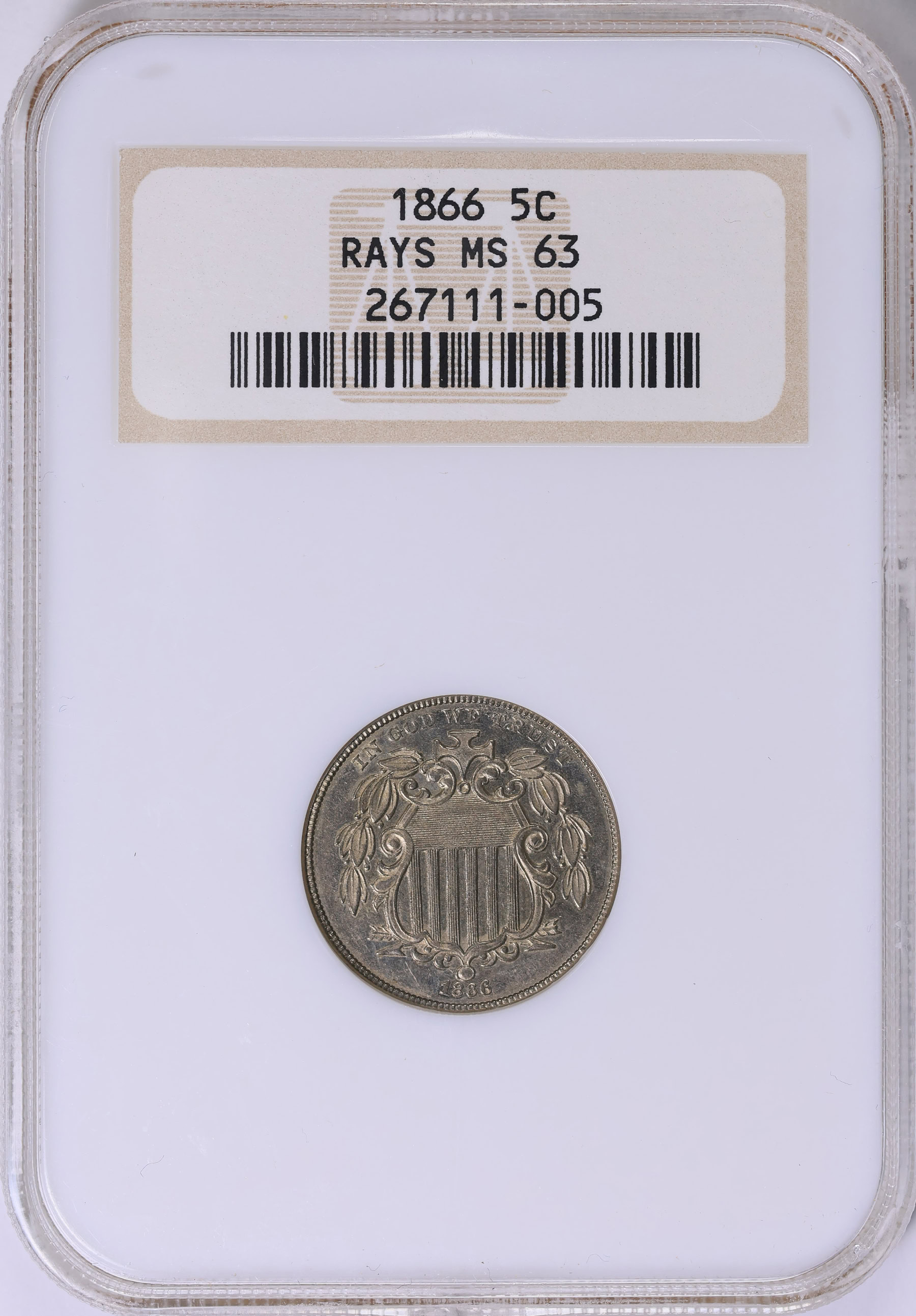 1866 Shield Nickel Rays NGC MS-63 OH (Item 1810549) | GreatCollections Coin Auctions