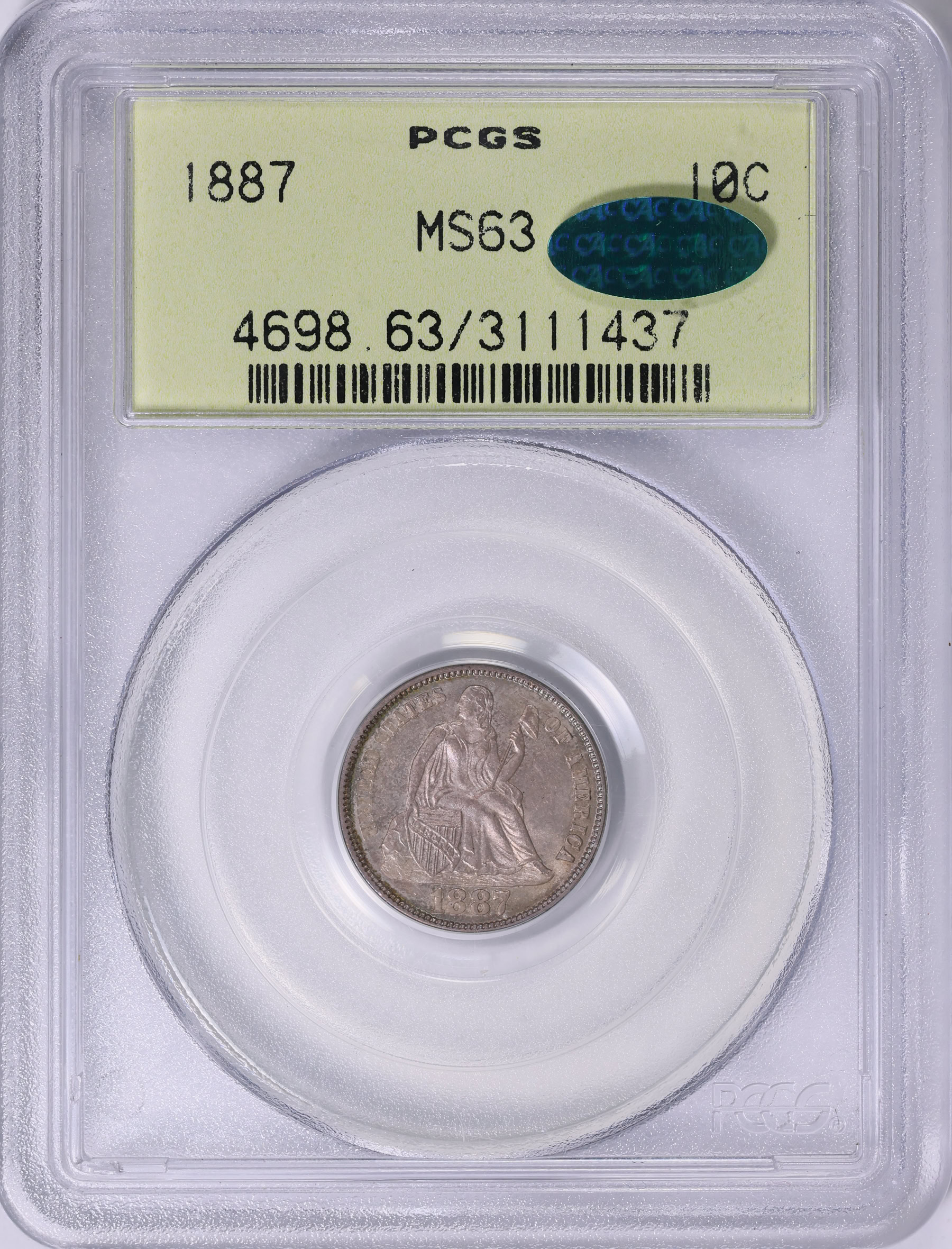 1887 Seated Liberty Dime PCGS MS-63 (CAC Green) (Toned) OGH (Item ...