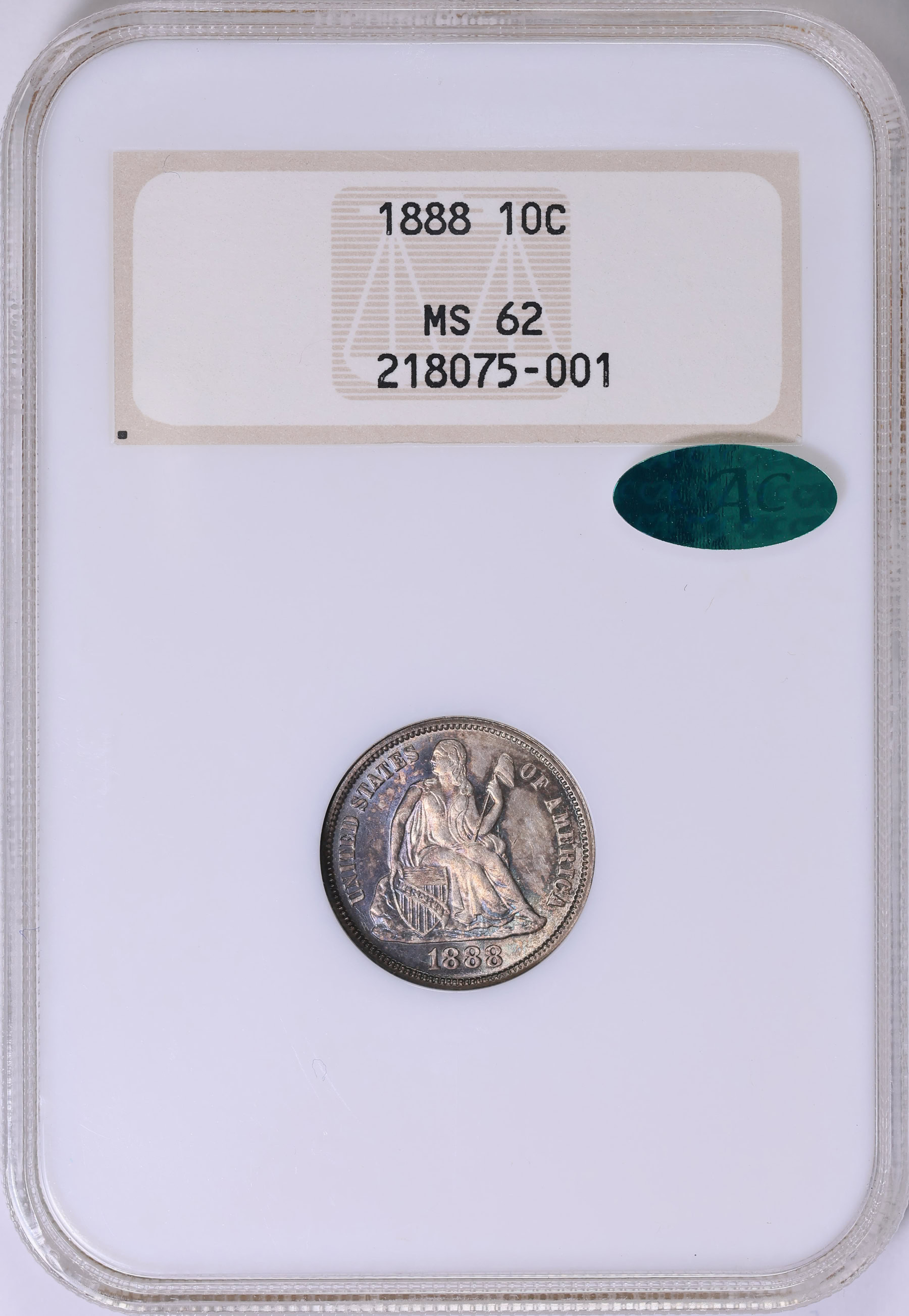 1888 Seated Liberty Dime NGC MS-62 (CAC Green) (Toned) OH (Item 1810552) | GreatCollections Coin ...