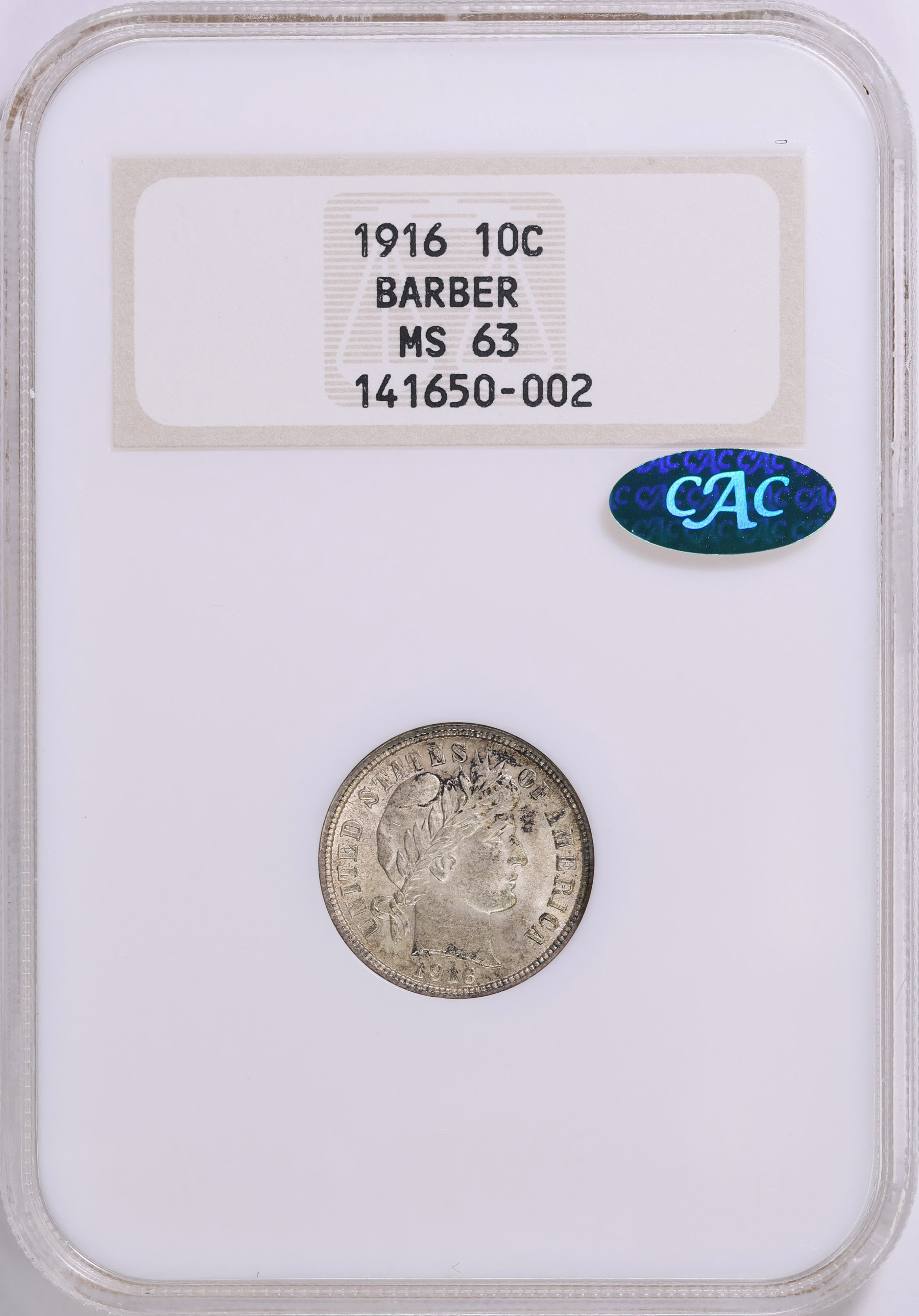 1916 Barber Dime NGC MS-63 (CAC Green) OH (Item 1810554) | GreatCollections Coin Auctions