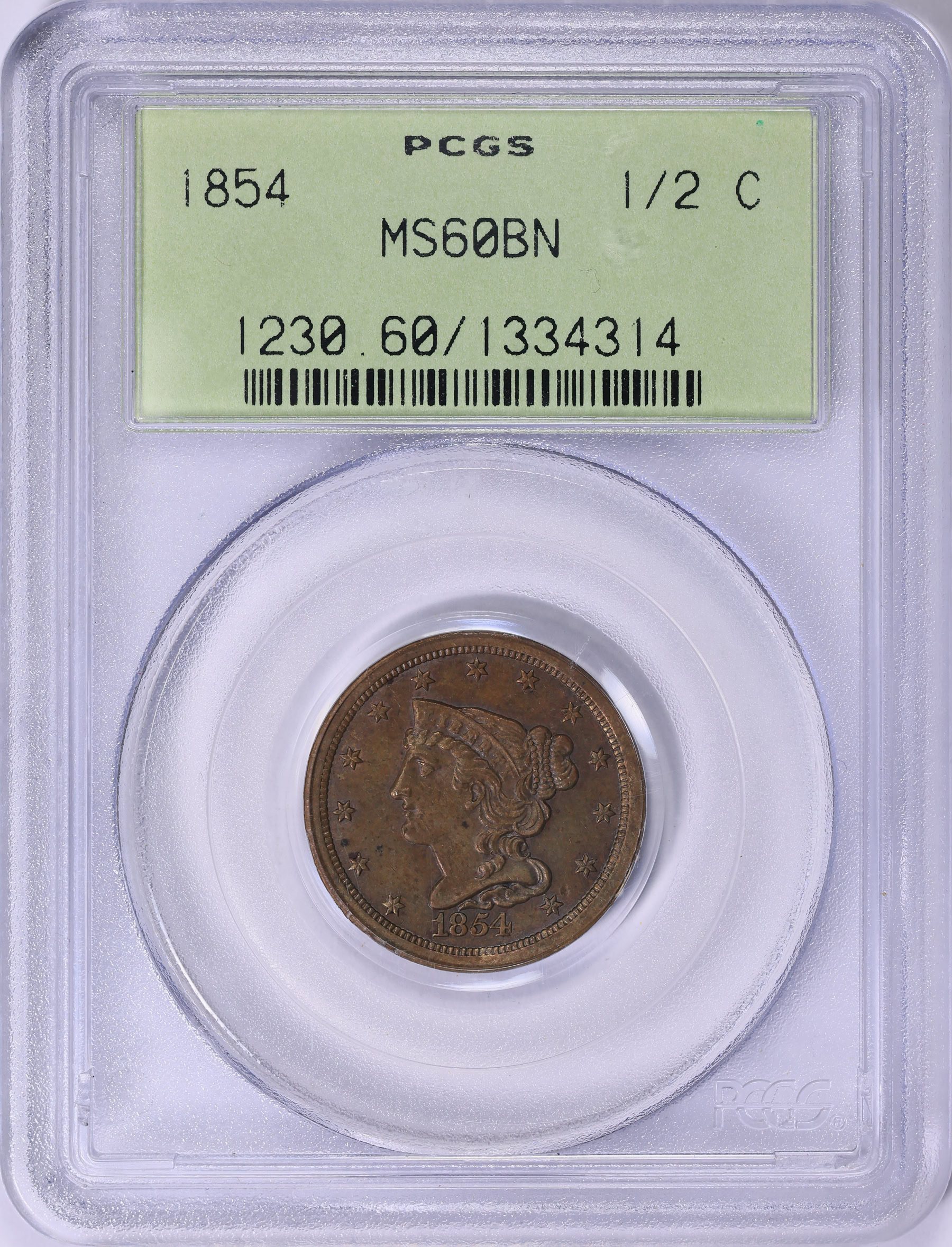 1854 Braided Hair Half Cent PCGS MS-60 BN OGH (Item 1810572) | GreatCollections Coin Auctions