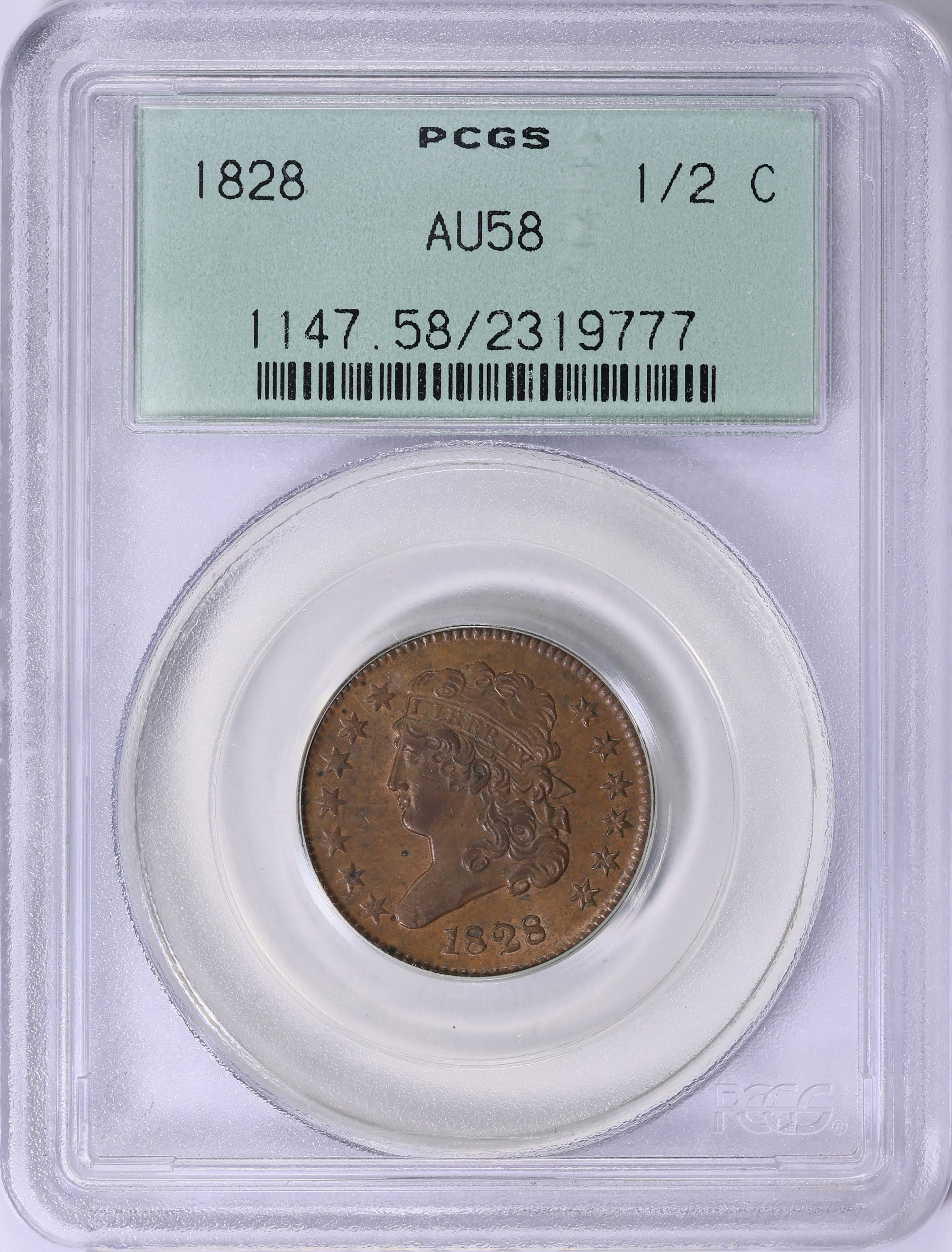 1828 Classic Half Cent 13 Stars PCGS AU-58 BN OGH (Item 1810573) | GreatCollections Coin Auctions