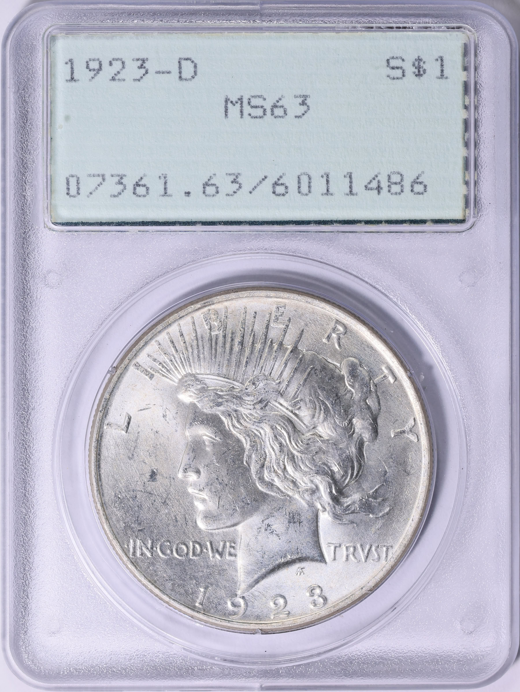 1923-D Peace Silver Dollar PCGS MS-63 OGH (1st Gen) (Item 1810582) | GreatCollections Coin Auctions