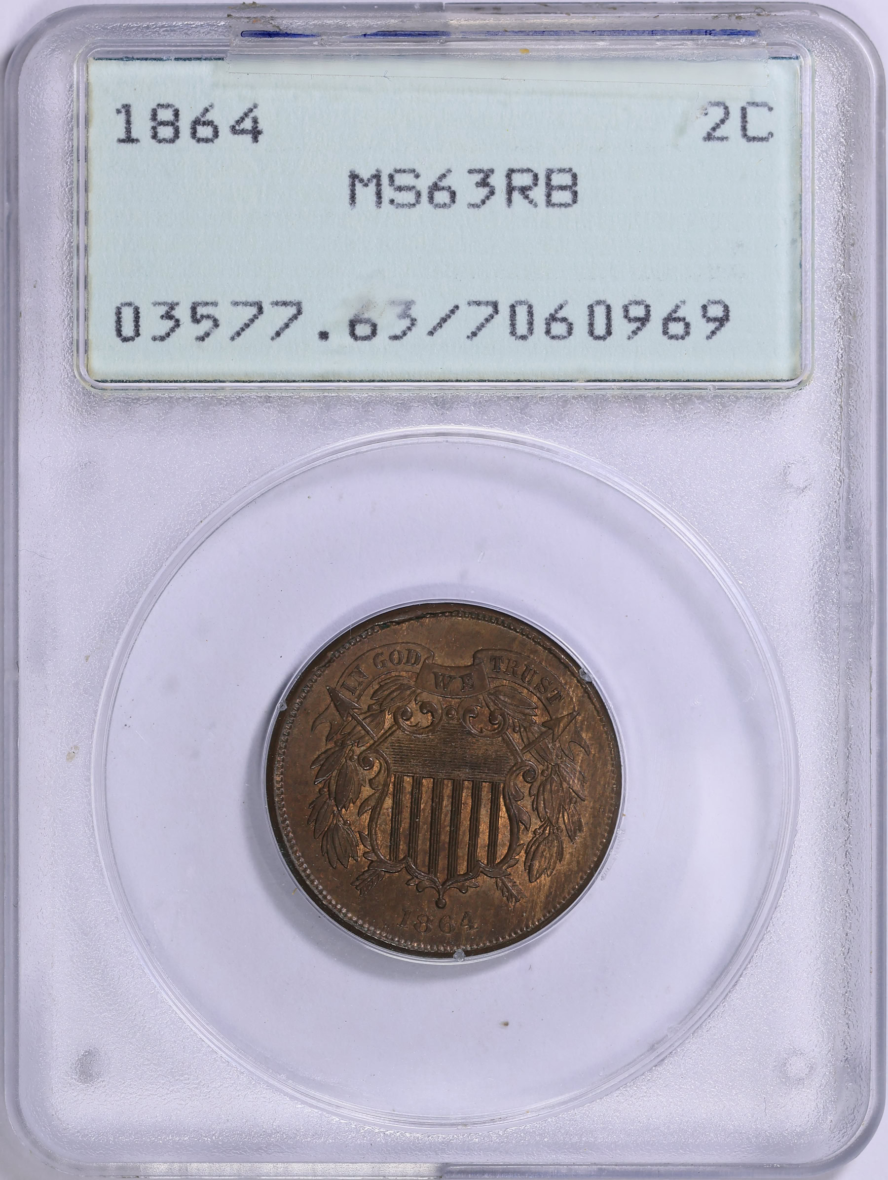 1864 Two-Cent Piece Large Motto PCGS MS-63 RB OGH (1st Gen) (Item 1810583) | GreatCollections ...