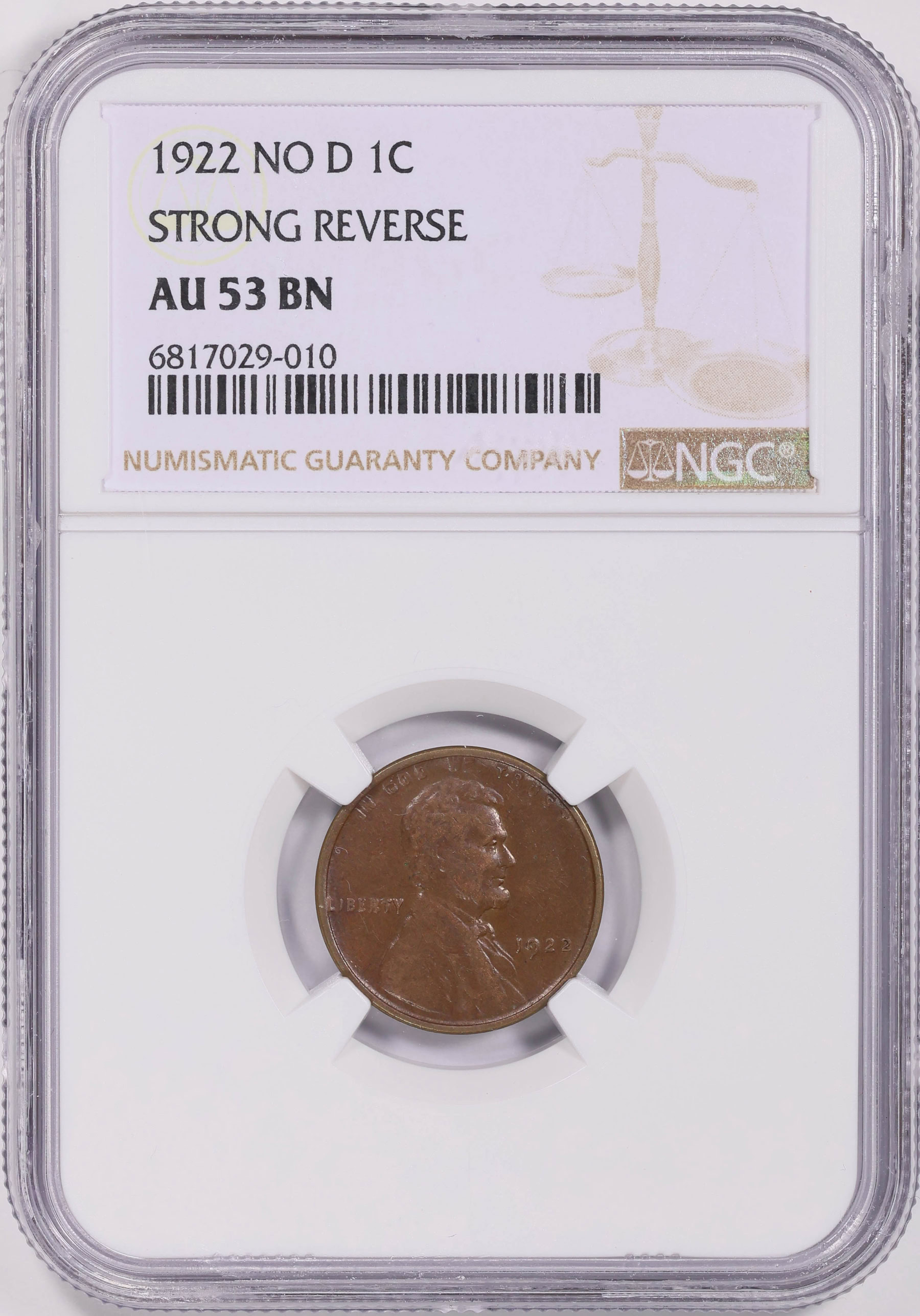 1922-No D Lincoln Cent Strong Reverse NGC AU-53 BN (Item 1810697) | GreatCollections Coin Auctions