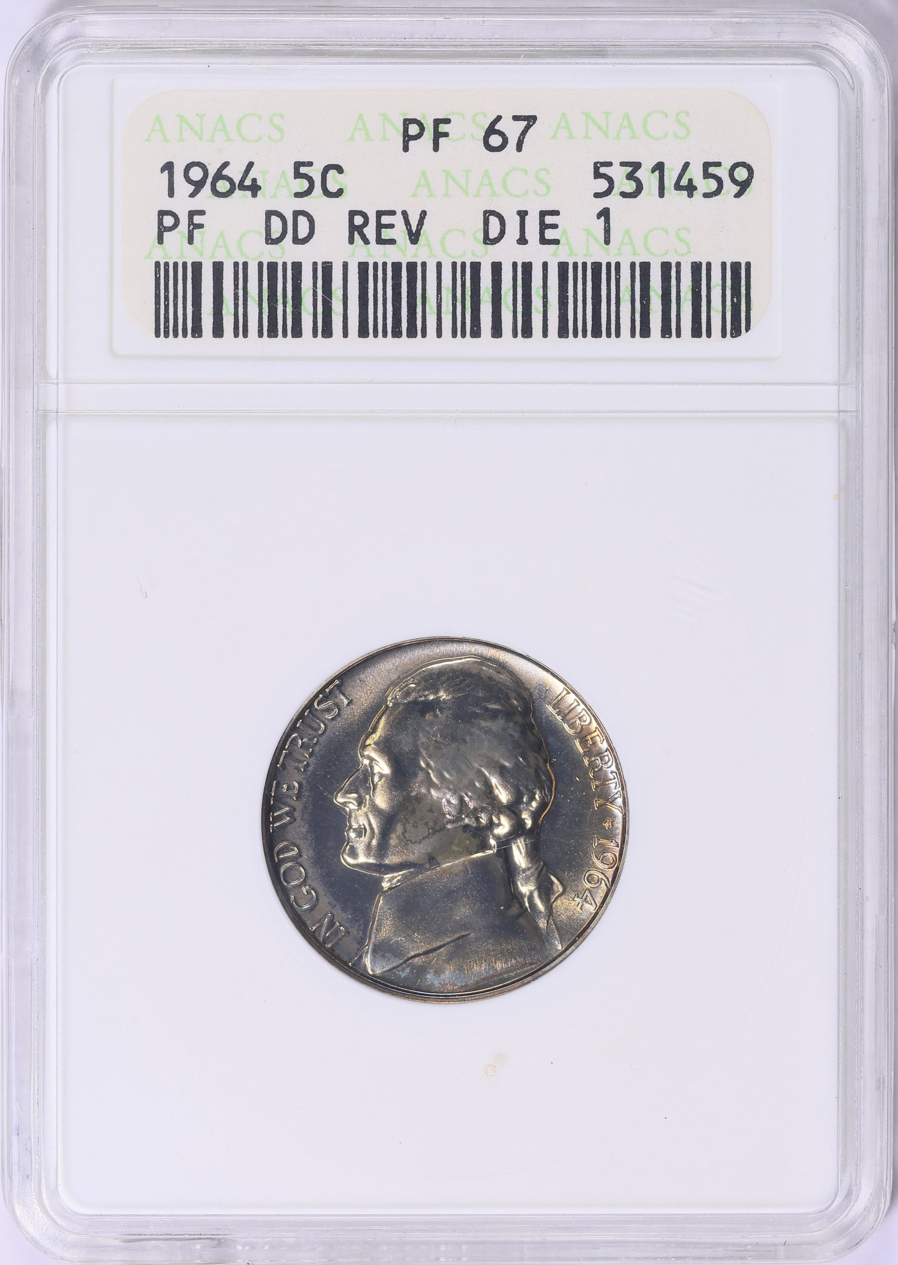 1964 Jefferson Nickel DD Rev Die 1 ANACS Proof-67 OH (Toned) (Item ...