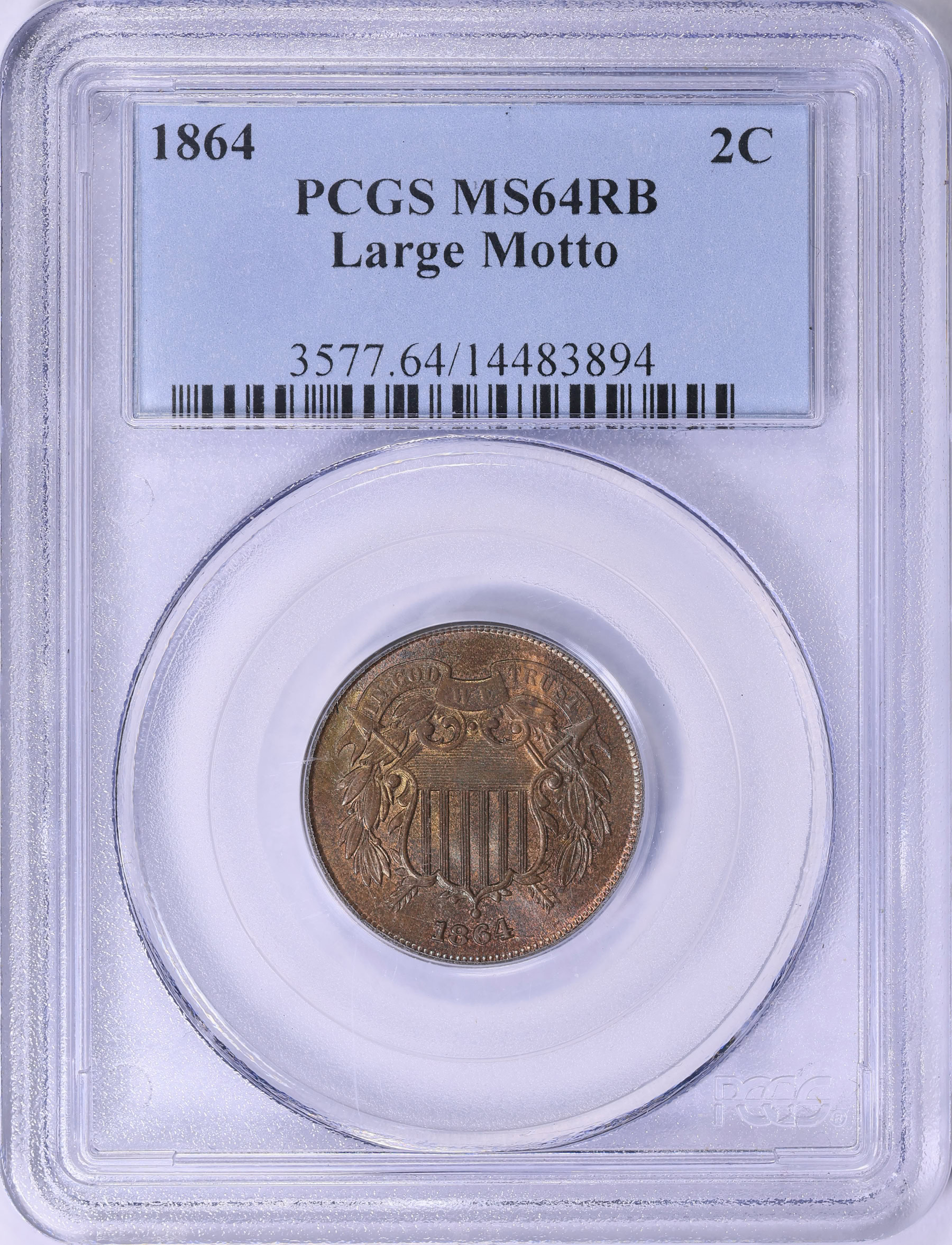 1864 Two-Cent Piece Large Motto PCGS MS-64 RB (Toned) (Item 1810775) | GreatCollections Coin ...