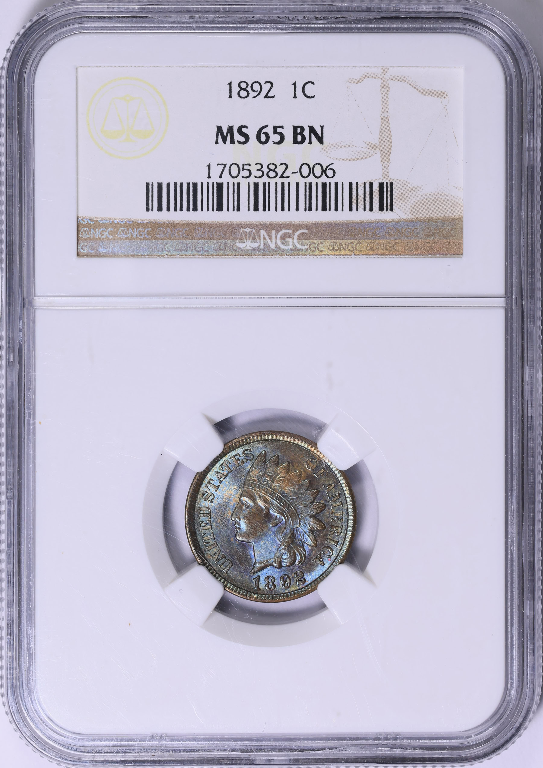 1892 Indian Cent NGC MS-65 BN (Toned) (Item 1810853) | GreatCollections Coin Auctions