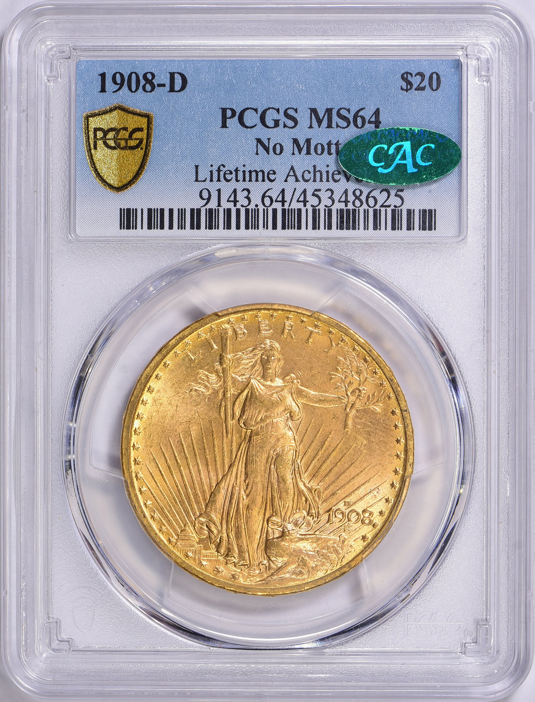 1908-D Saint-Gaudens Gold Double Eagle No Motto PCGS MS-64 (CAC Green) (Lifetime Achievement ...