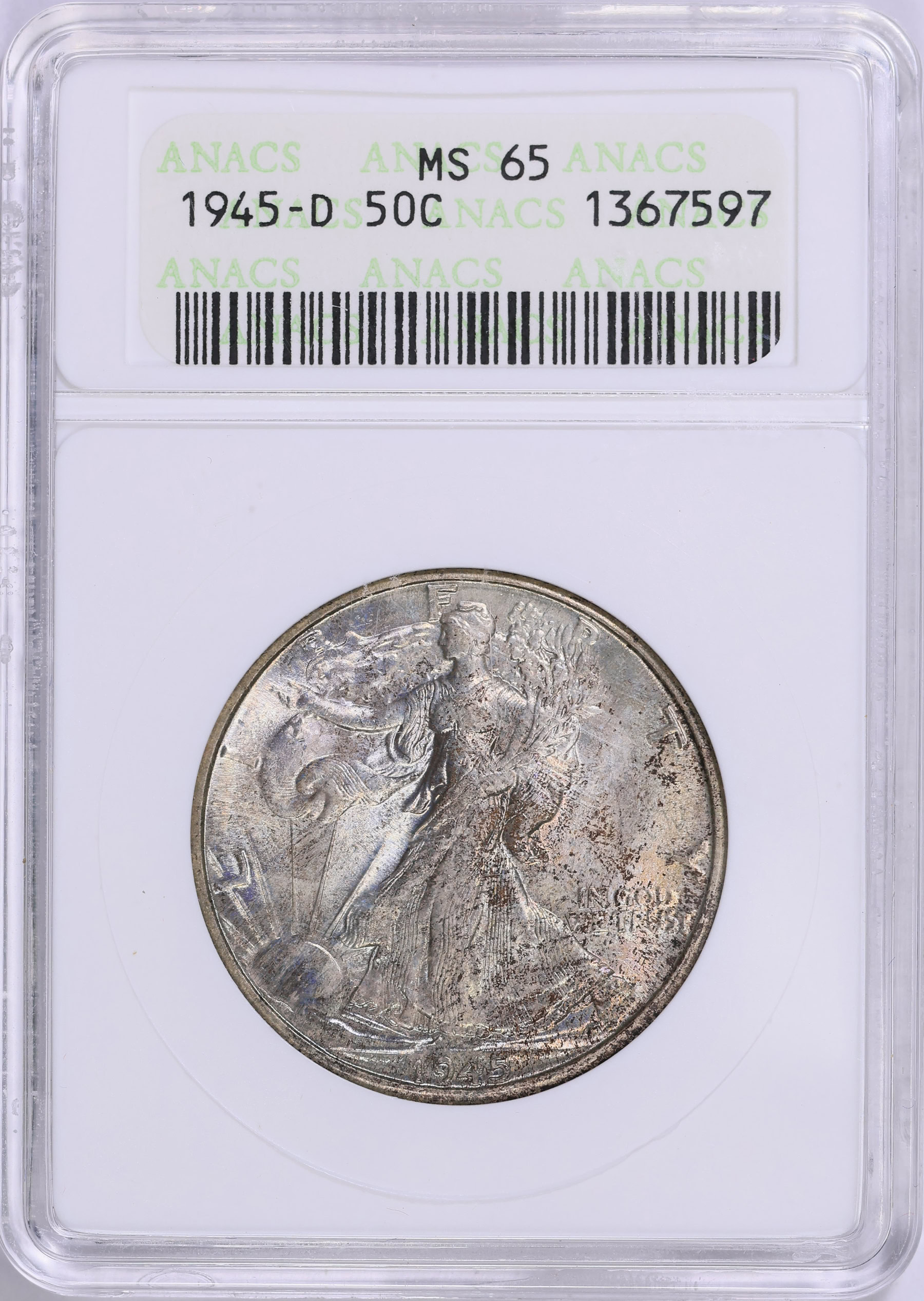 1945-D Walking Liberty Half Dollar ANACS MS-65 OH (Toned) (Item 1811173) | GreatCollections Coin ...