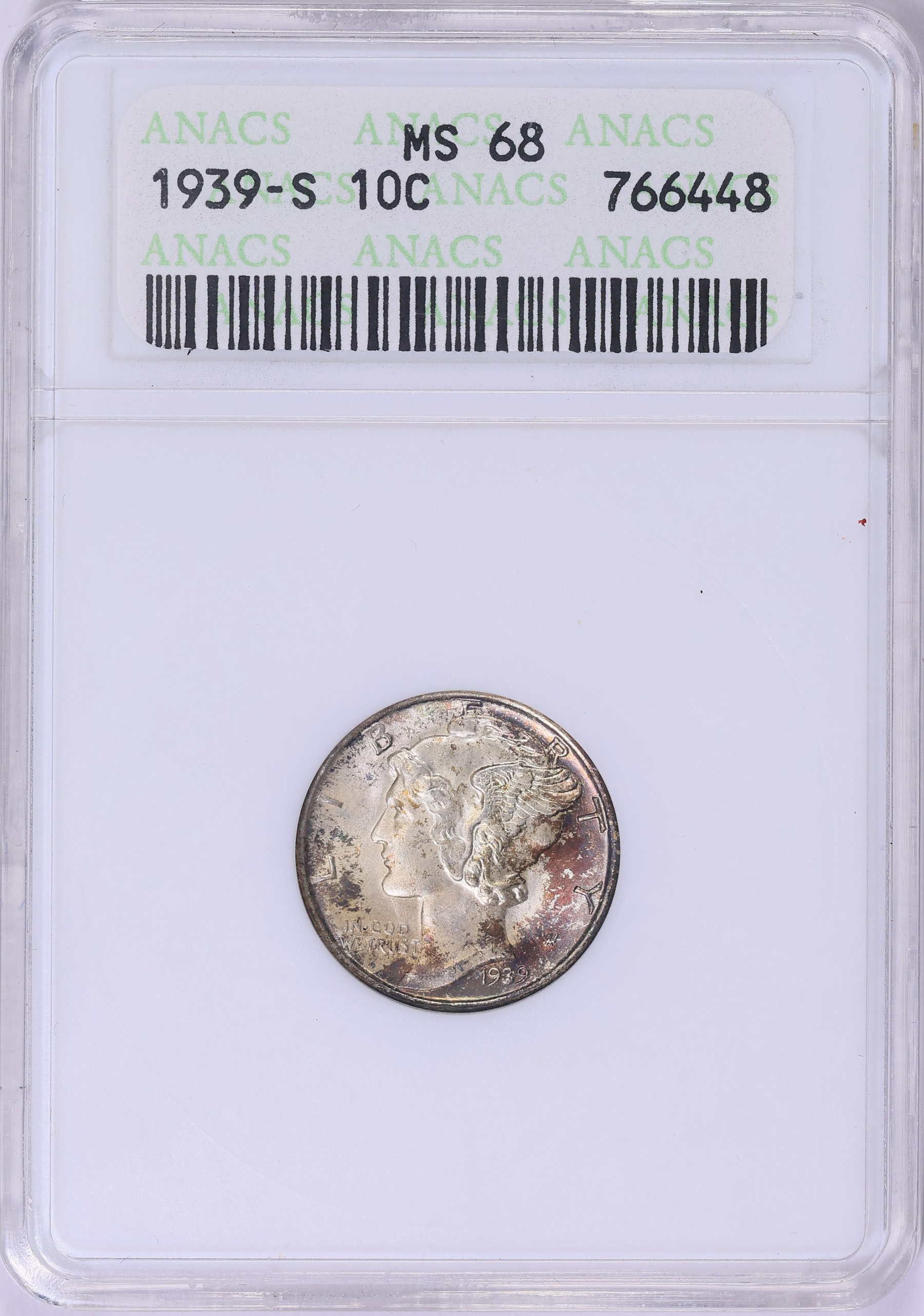 1939-S Mercury Dime ANACS MS-68 OH (Toned) (Item 1811175) | GreatCollections Coin Auctions