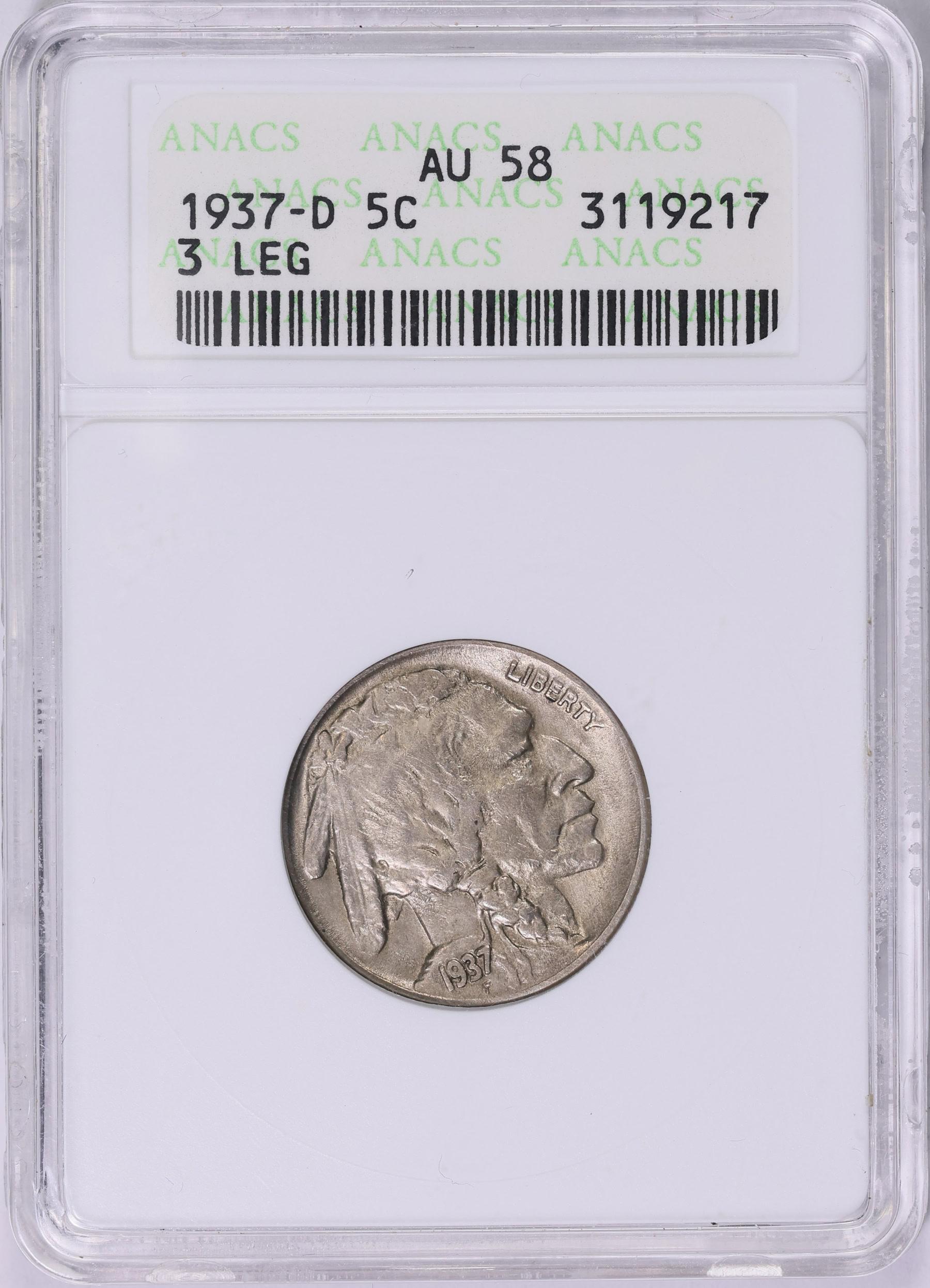 1937-D Buffalo Nickel 3 Legs ANACS AU-58 OH (Item 1811176) | GreatCollections Coin Auctions