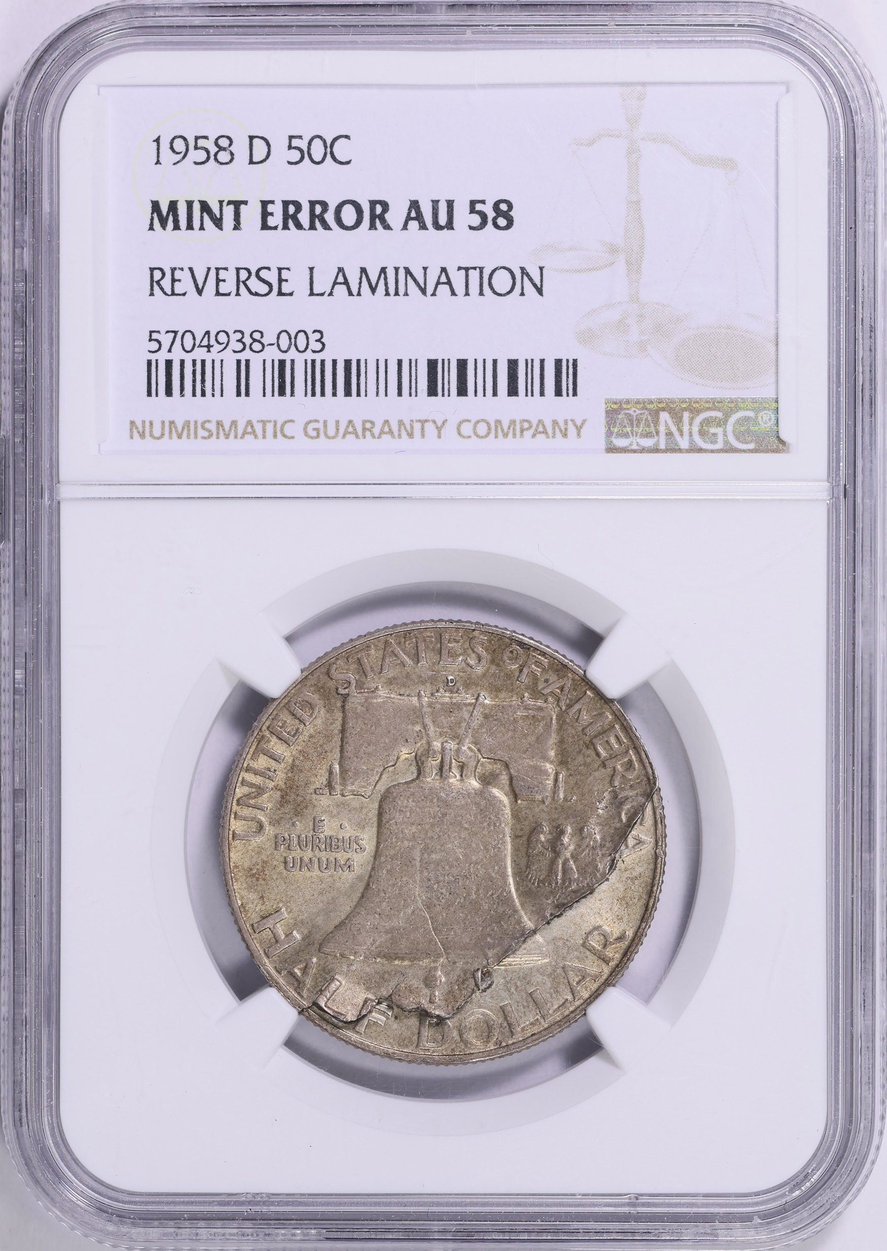Mint Error 1958-D Franklin Half Dollar Reverse Lamination NGC AU-58 ...