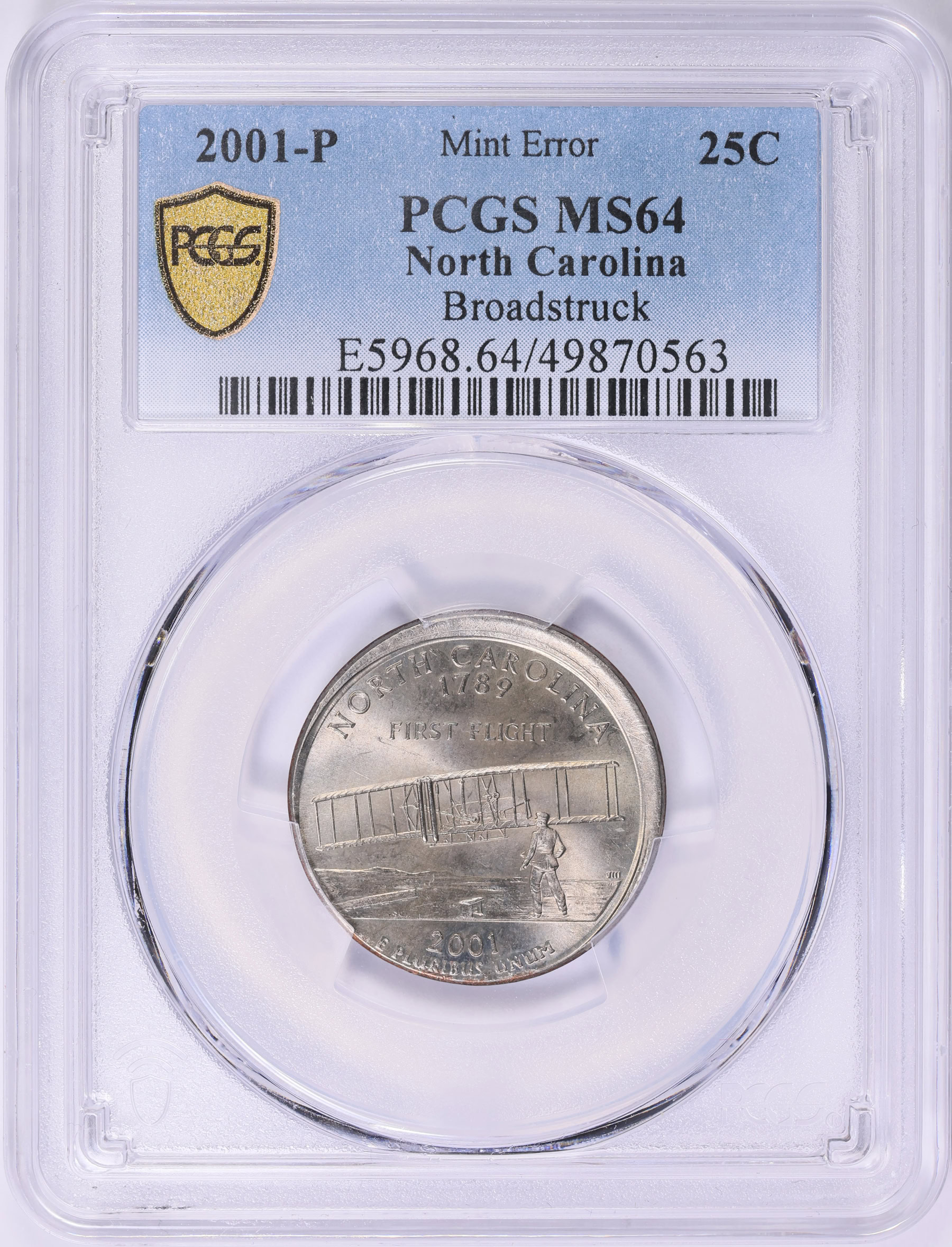 Mint Error 2001-P State Quarter North Carolina Broadstruck PCGS MS-64 ...