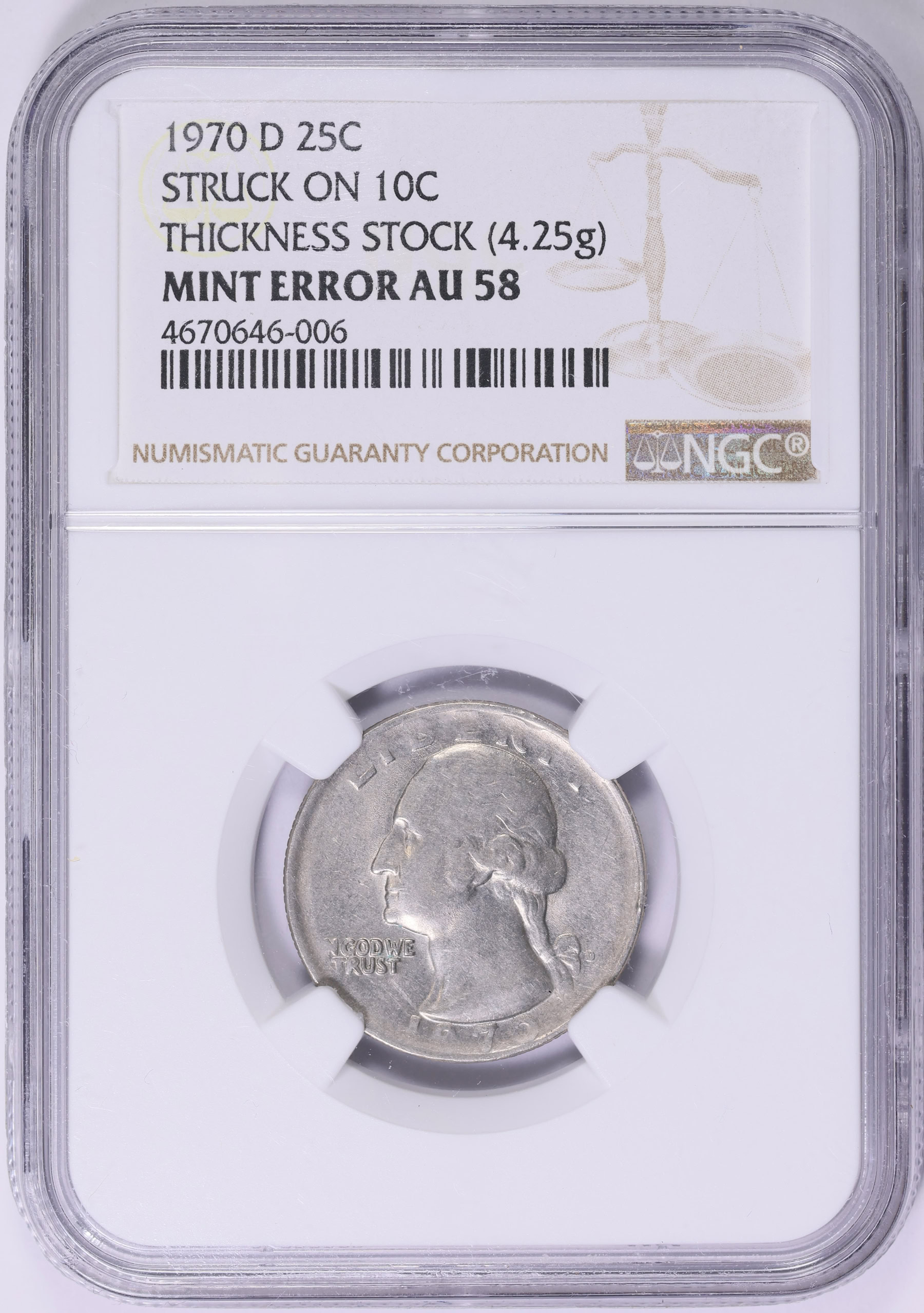 Mint Error 1970-D Washington Quarter Struck on 10c Thickness Stock (4 ...