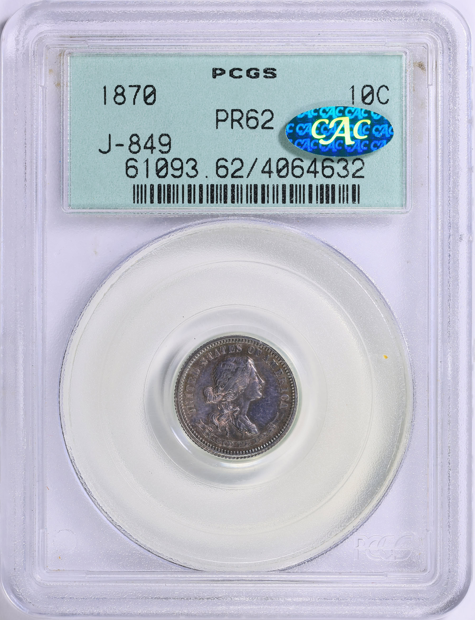 Pattern 1870 10c J-849 PCGS Proof-62 (CAC Green) OGH (Toned) (Item ...