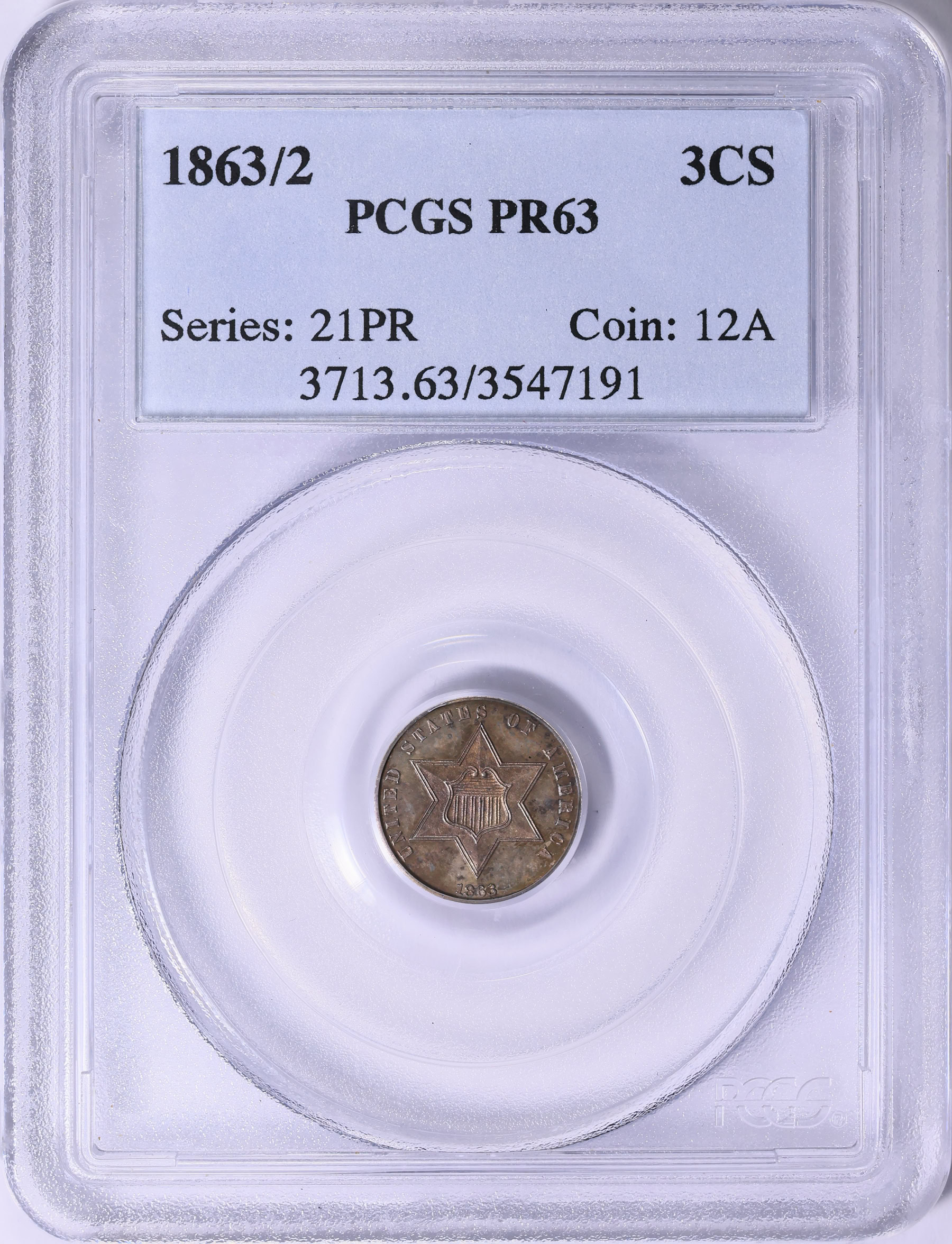 1863/2 Silver Three-Cent Piece PCGS Proof-63 (Toned) (Item 1811330 ...
