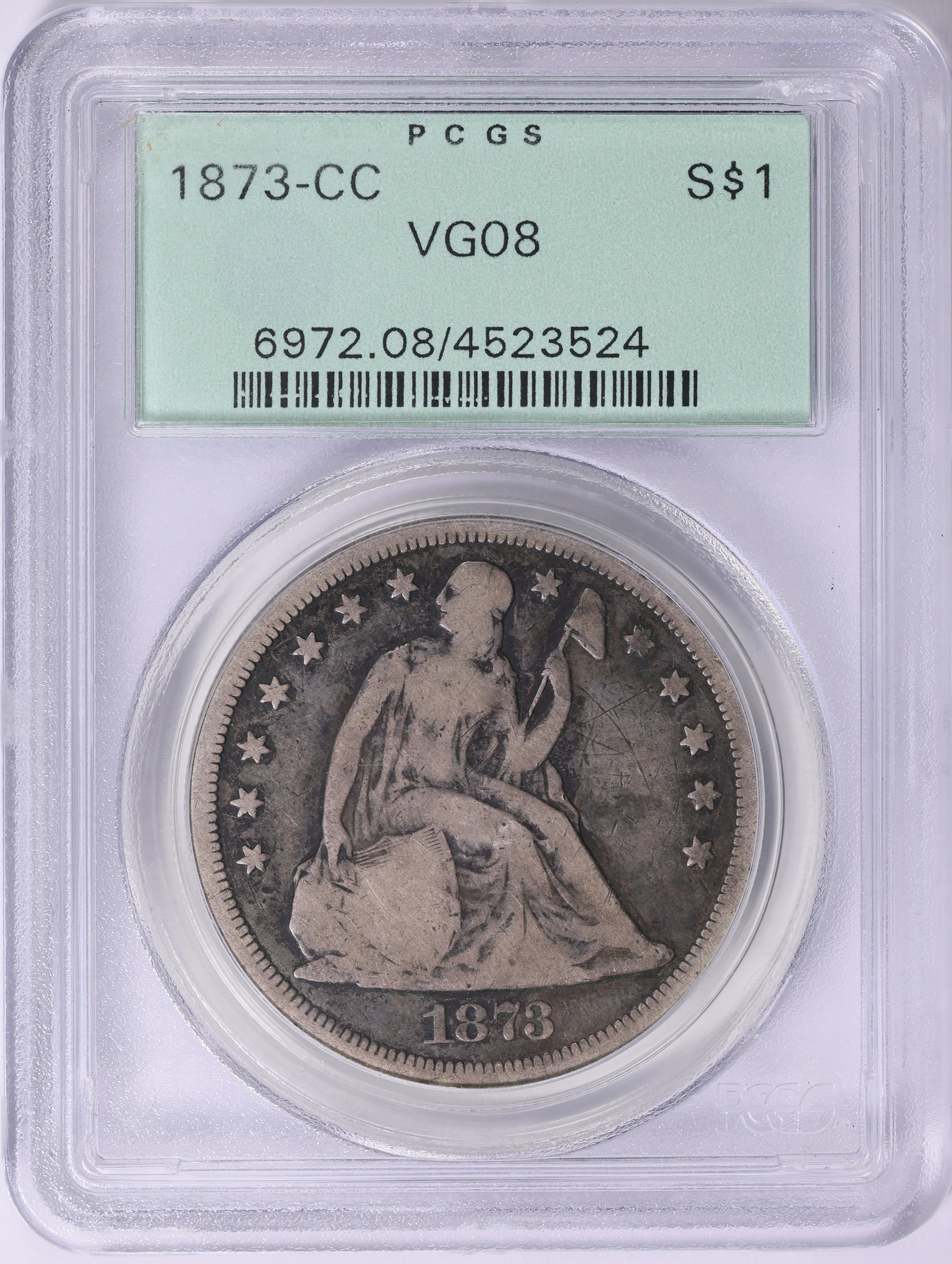1873-CC Seated Liberty Silver Dollar PCGS VG-08 OGH (Item 1811333) | GreatCollections Coin Auctions