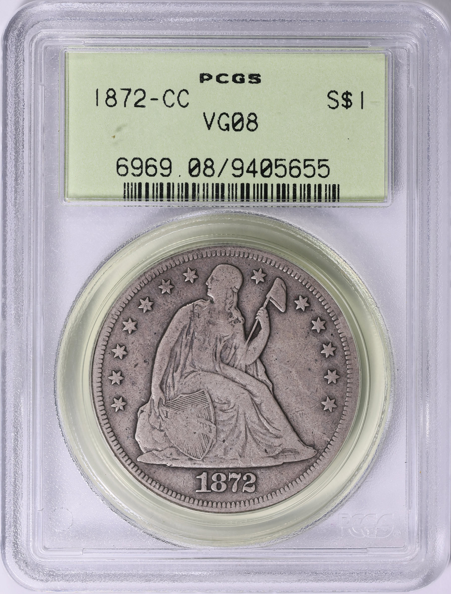 1872-CC Seated Liberty Silver Dollar PCGS VG-08 OGH (Item 1811336) | GreatCollections Coin Auctions