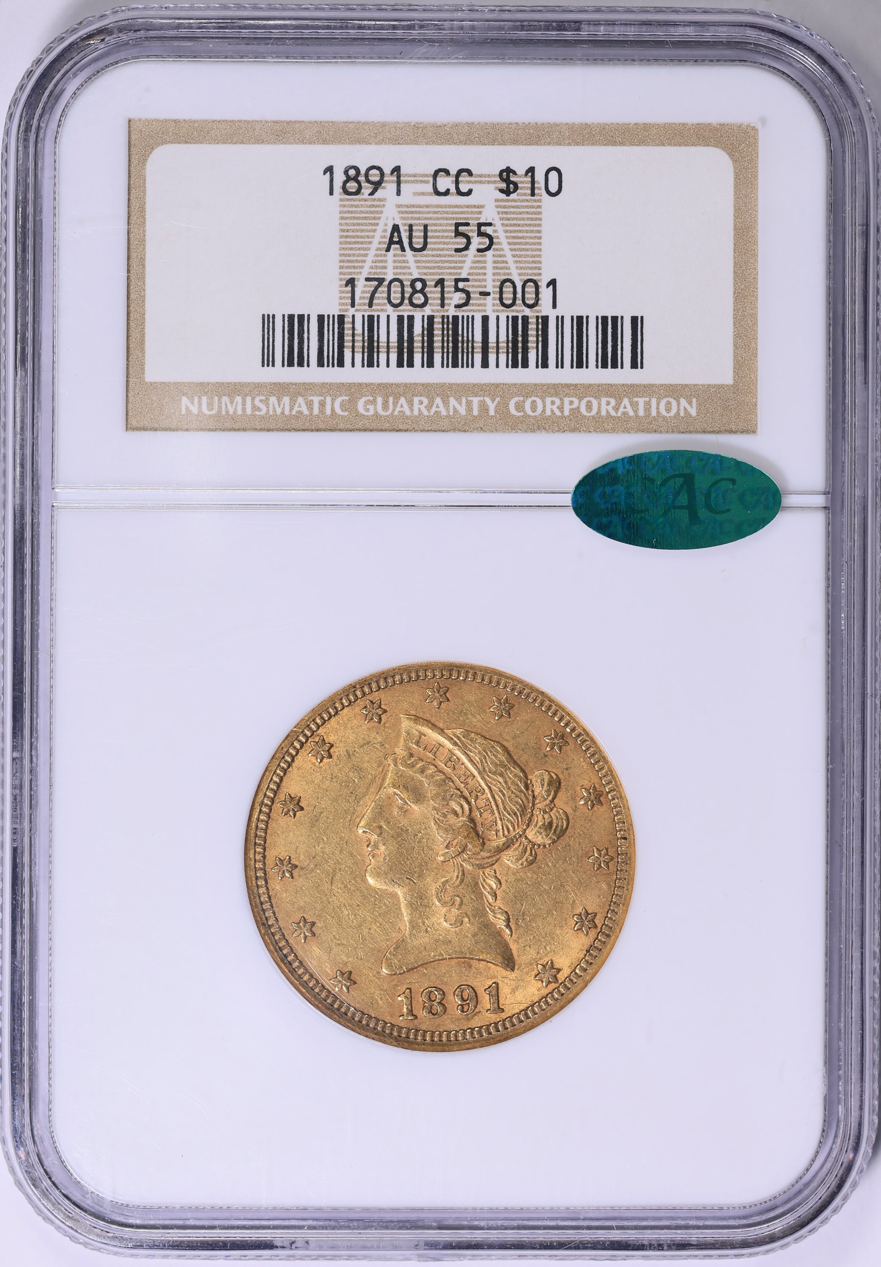 1891-CC Liberty Gold Eagle NGC AU-55 (CAC Green) (Item 1811357) | GreatCollections Coin Auctions