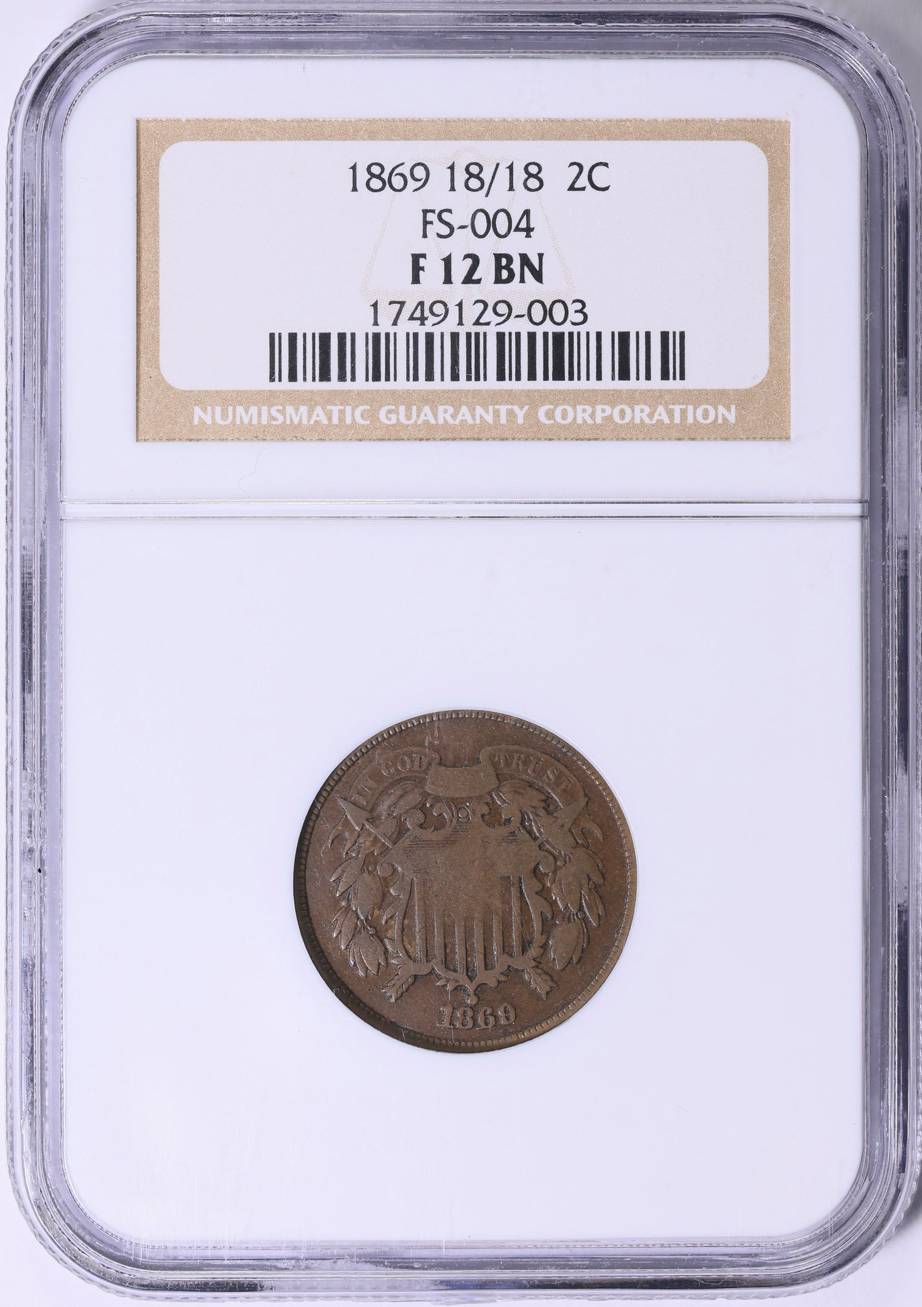 1869 Two-Cent Piece Repunched Date 18/18 FS-004 NGC F-12 BN (Item 1811382) | GreatCollections ...