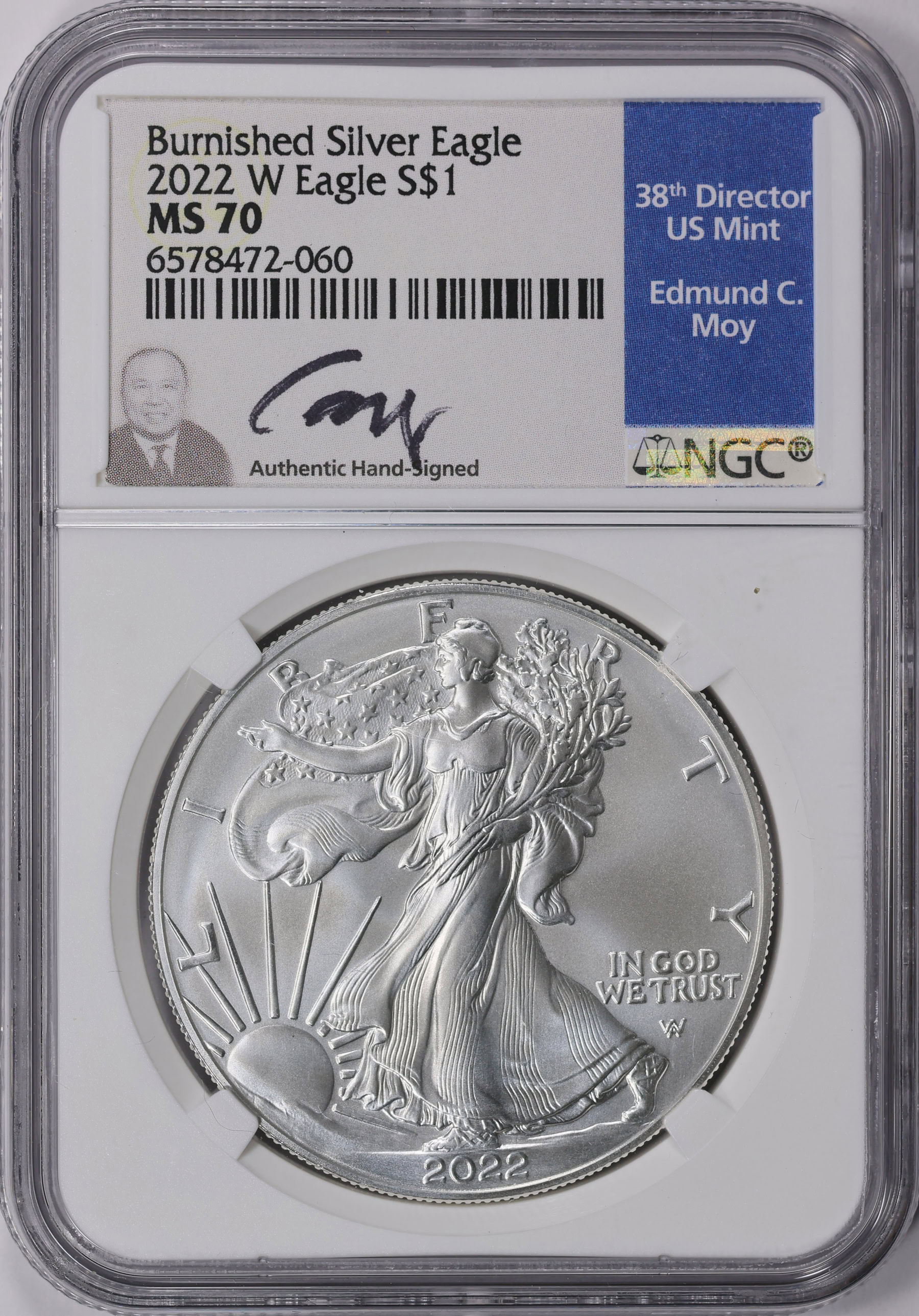2022-W $1 Silver Eagle Burnished NGC MS-70 (Moy Signed Label) (Item 1811429) | GreatCollections ...