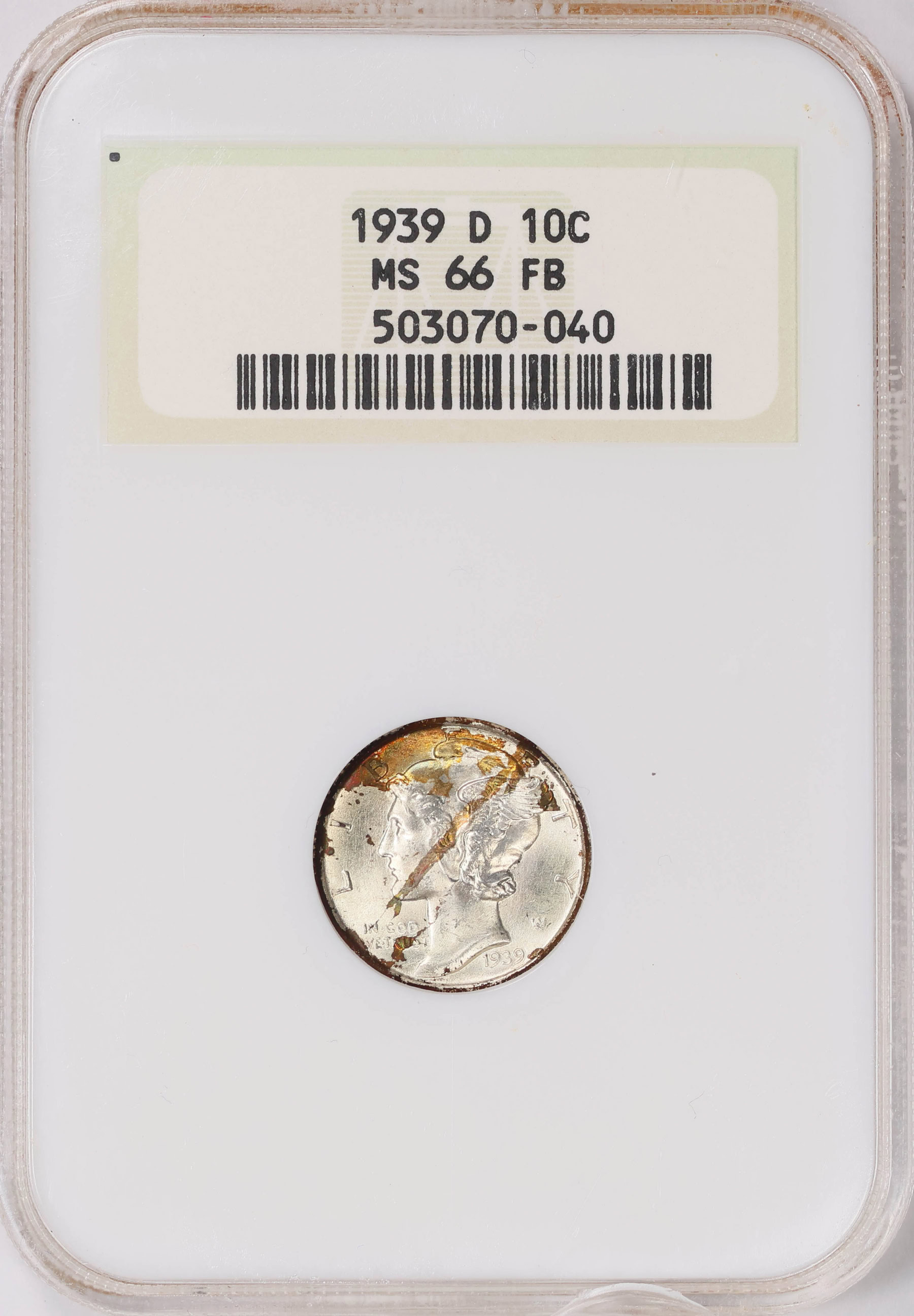 1939-D Mercury Dime NGC MS-66 FB OH (Toned) (Item 1811492) | GreatCollections Coin Auctions