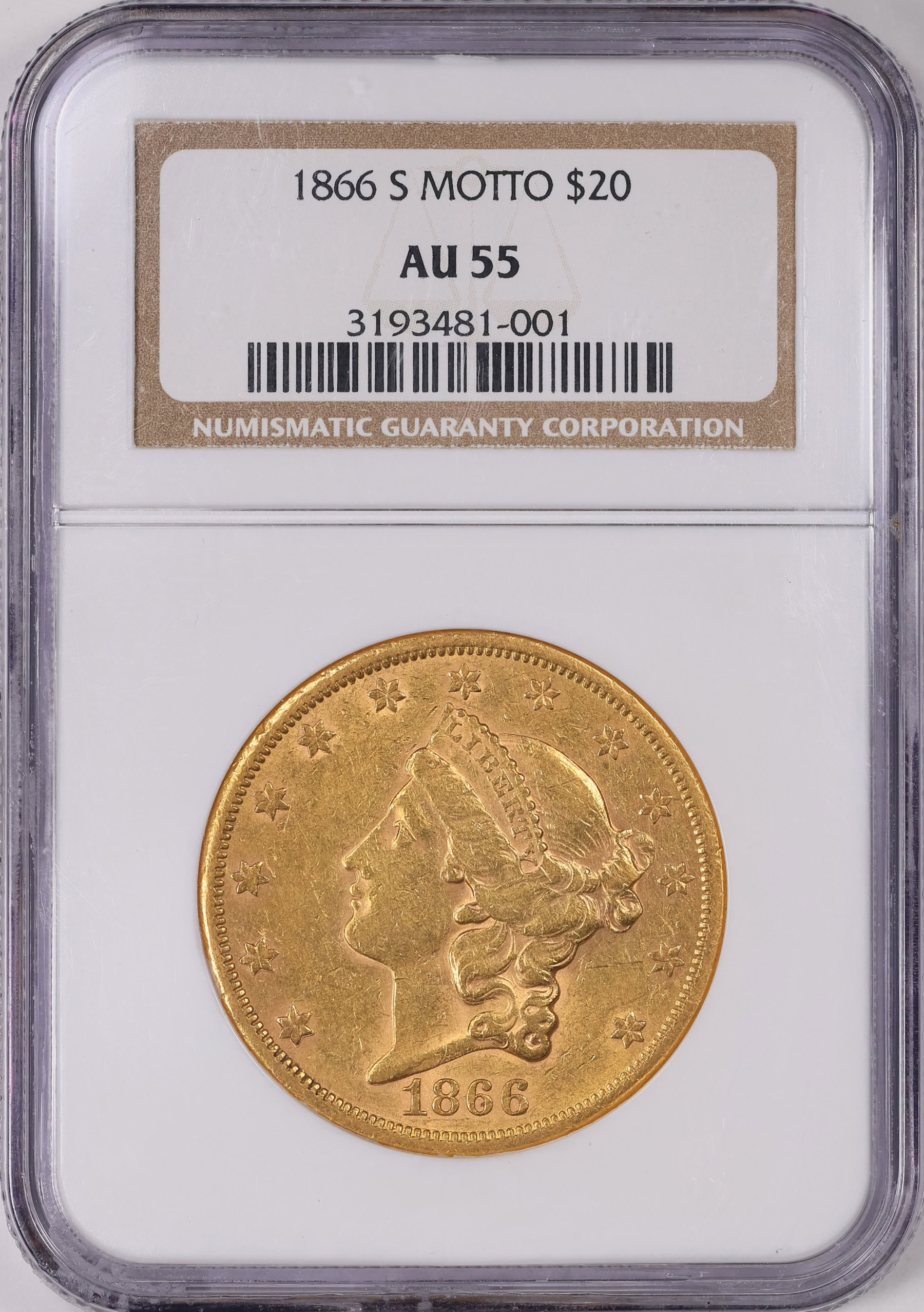 1866-S Liberty Gold Double Eagle Motto NGC AU-55 (Item 1811622) | GreatCollections Coin Auctions