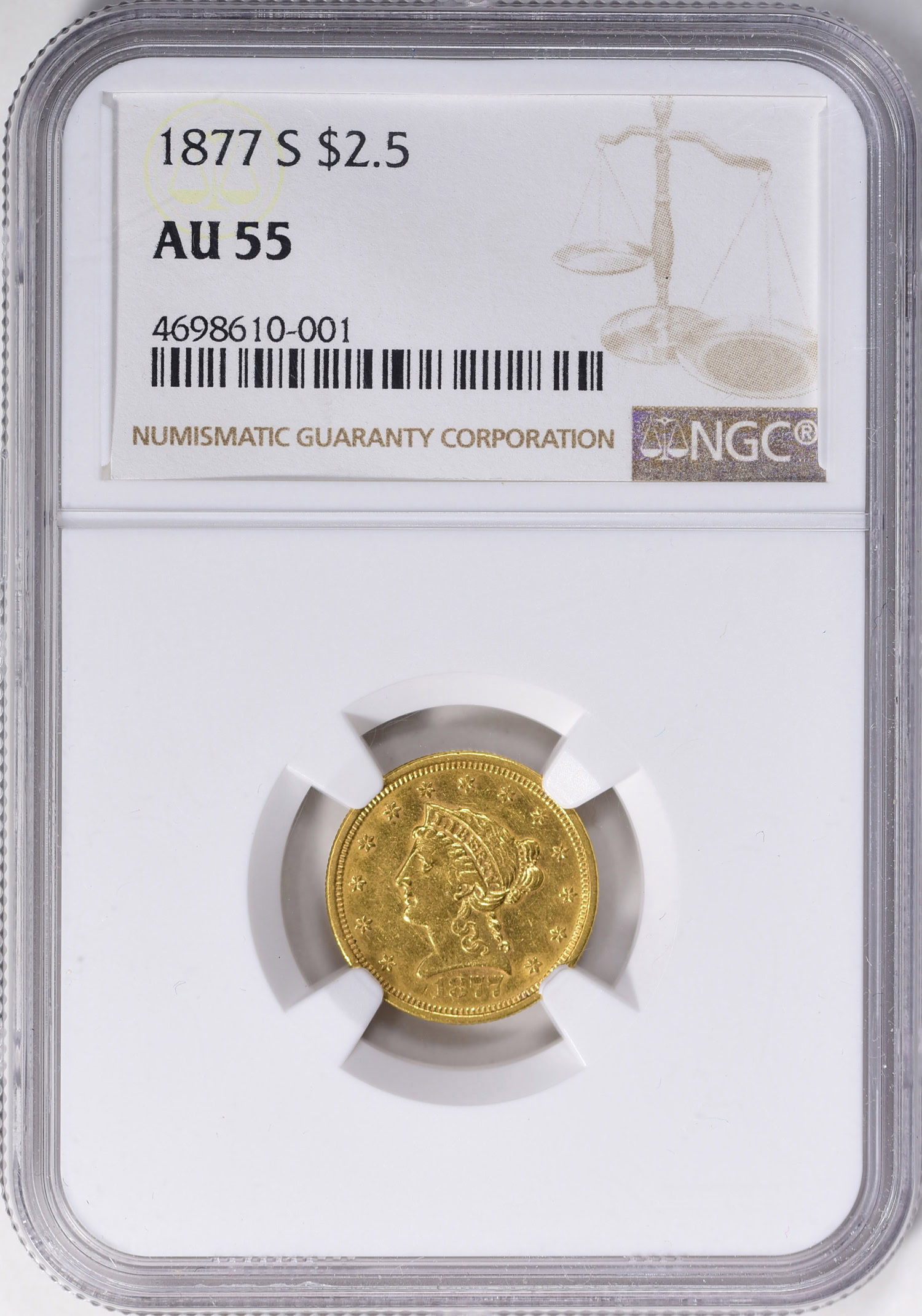 1877-S Liberty Gold Quarter Eagle NGC AU-55 (Item 1811635) | GreatCollections Coin Auctions