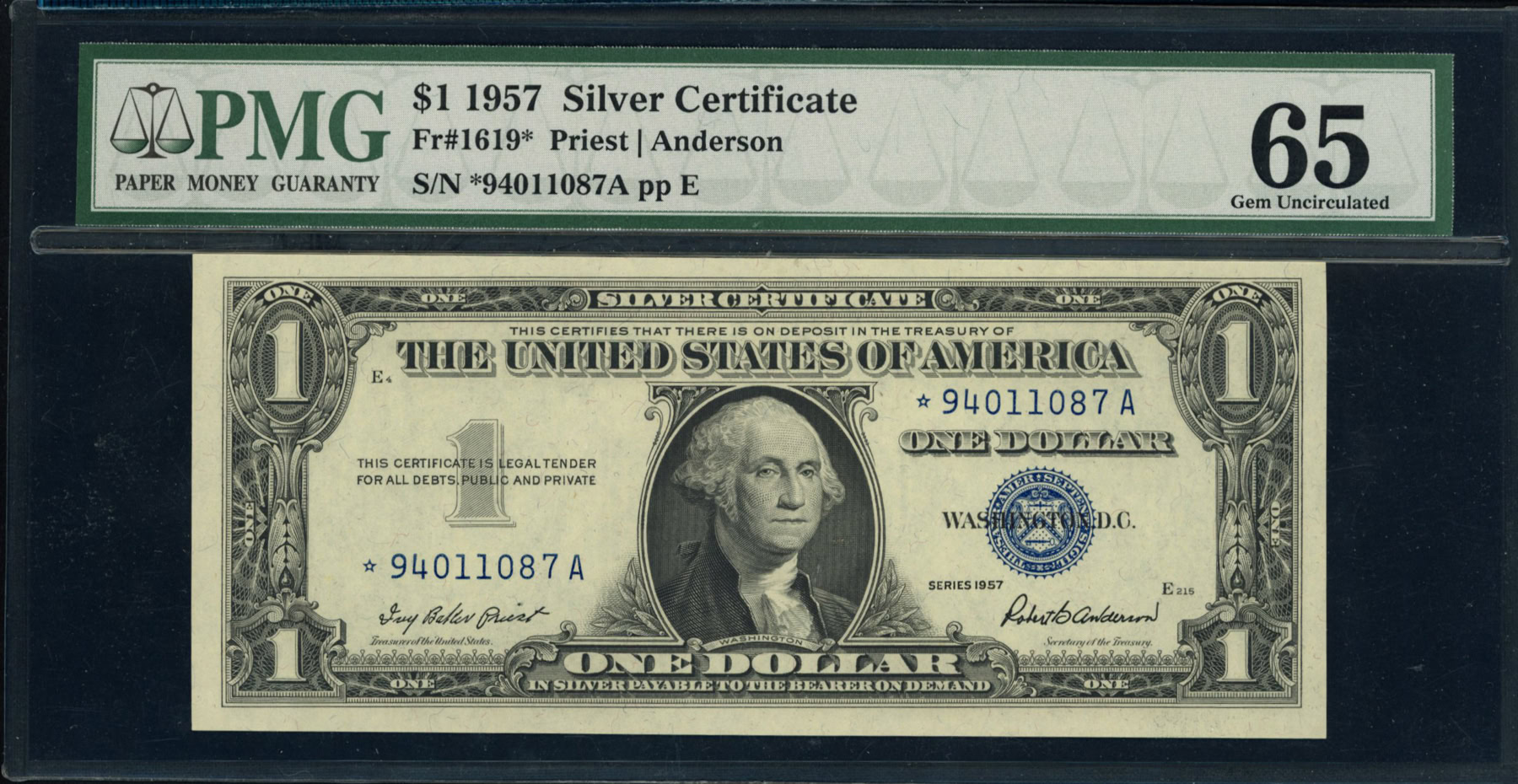 Fr. 1619* (*A Block) 1957 $1 Silver Certificate Star Note Priest / Anderson PMG Gem Uncirculated ...