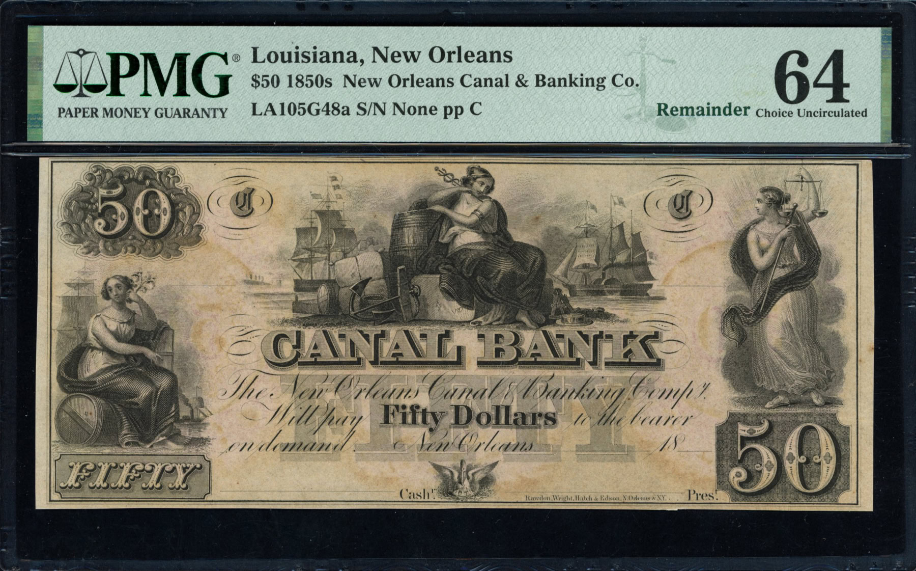 1850s New Orleans, Louisiana New Orleans Canal & Banking Co. $50 ...